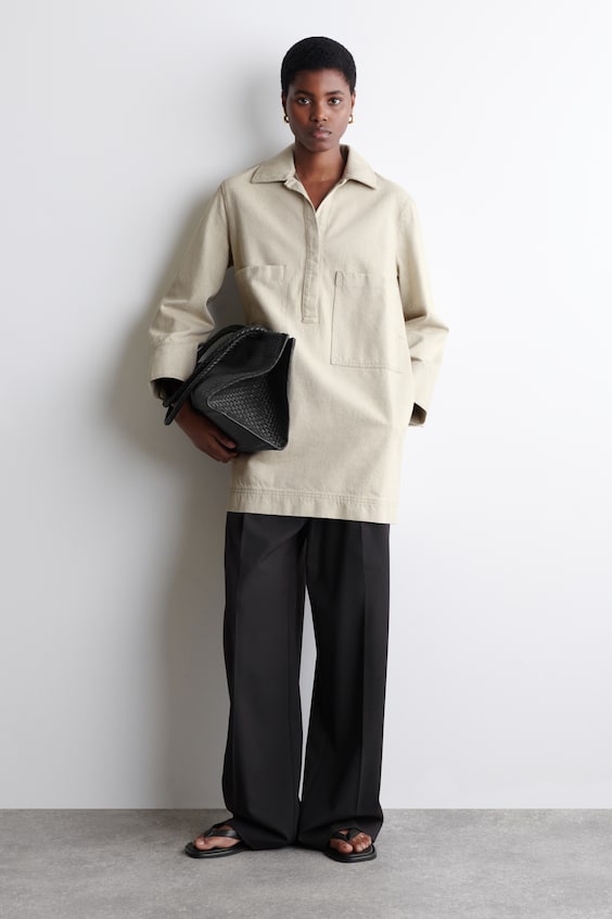 VESTIDO CAMISERO VAQUERO CON CUELLO ABIERTO - BEIGE - MUJER | H&M ES