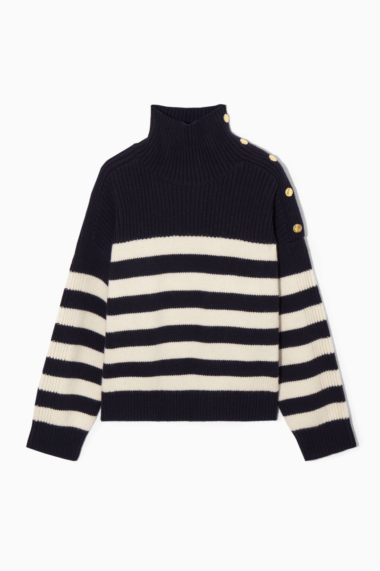 BUTTON-EMBELLISHED STRIPED WOOL JUMPER - NAVY - Ladies | H&M GB