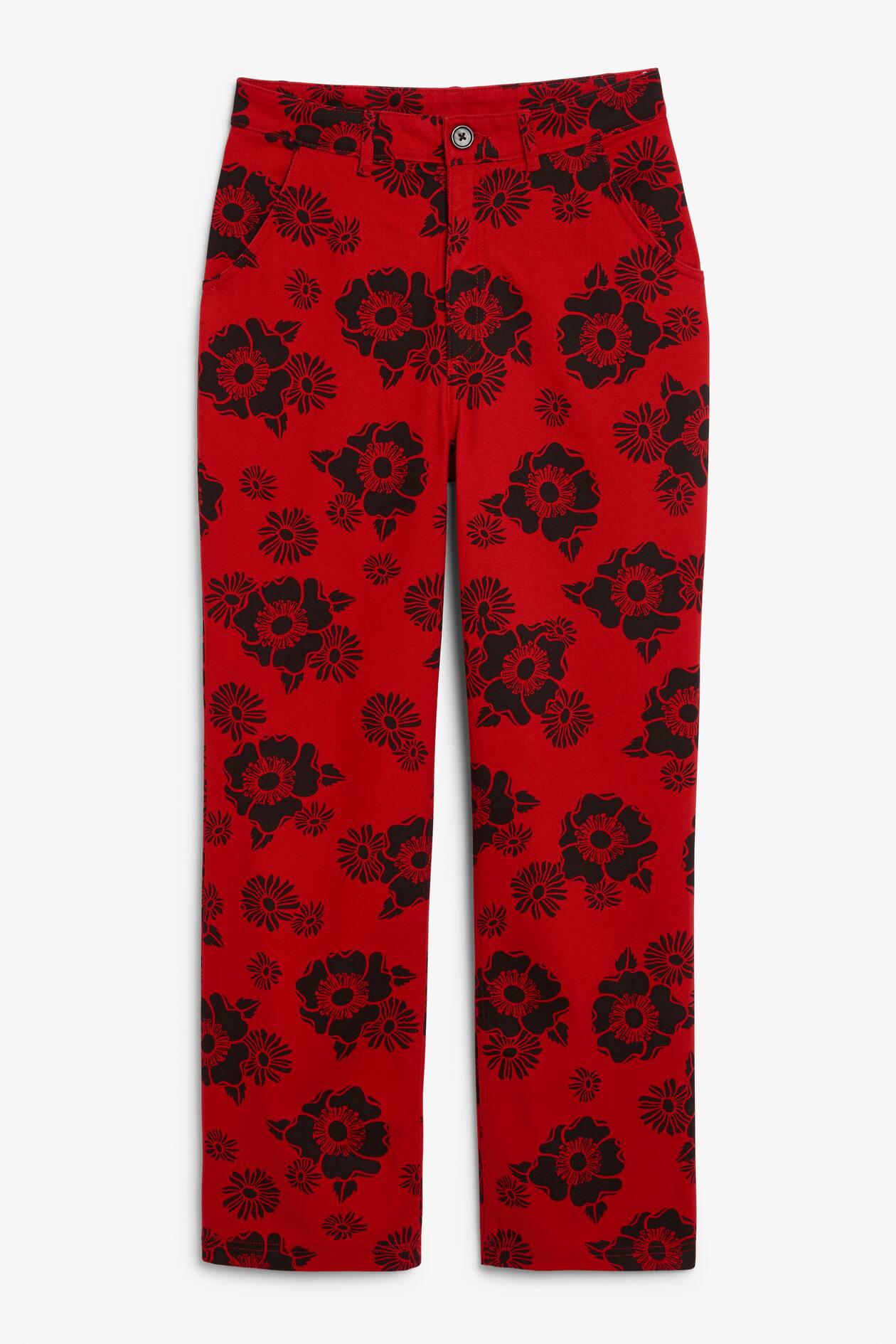 Full-length belt loop trousers - Red with black flowers - Ladies | H&M GB
