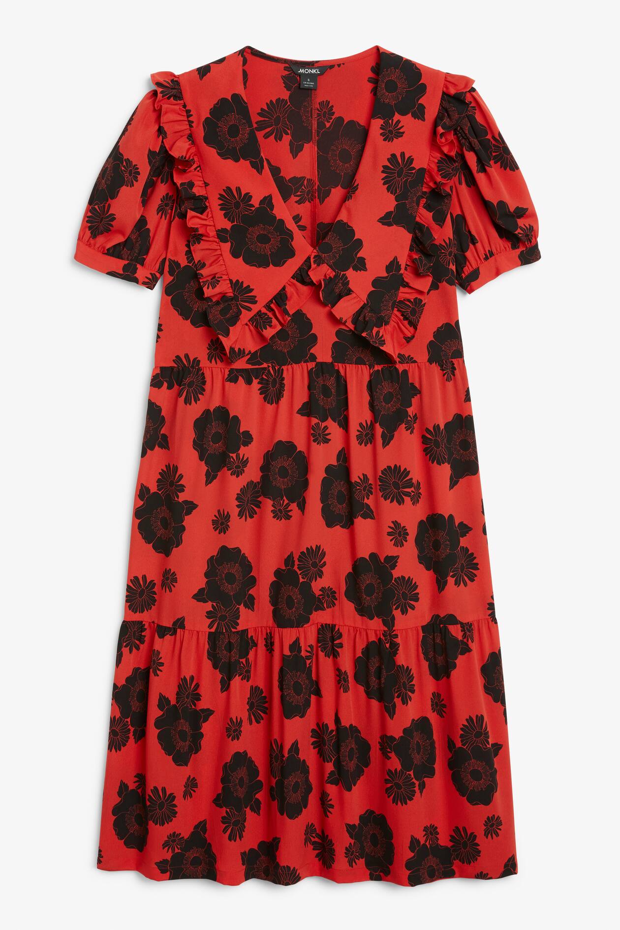 Rüschenkleid mit großem Kragen - Rot mit schwarzem Blumenprint - Ladies ...