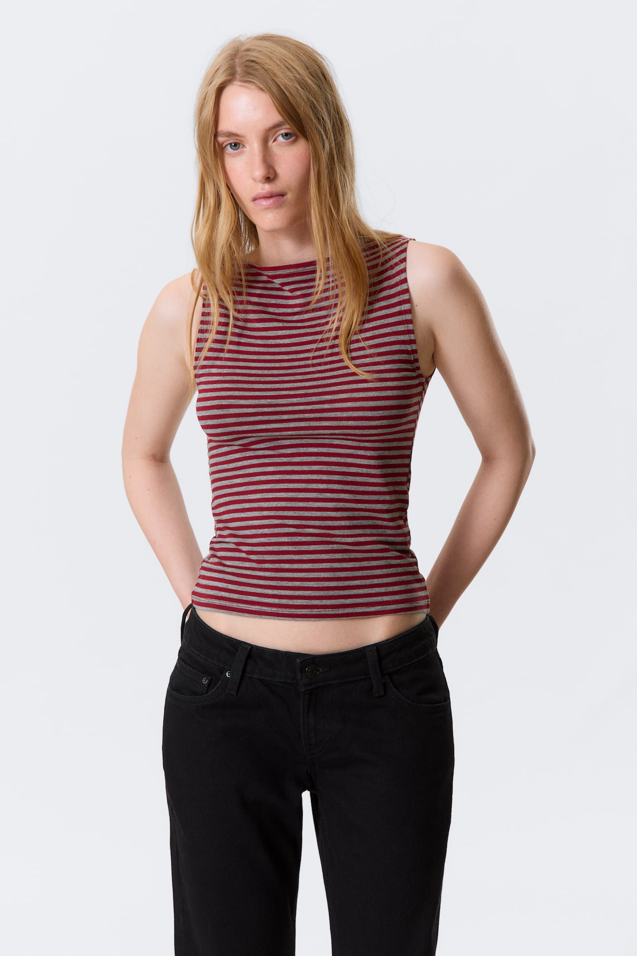 Annie Striped Sleeveless Boat-Neck Top - Dark Red & Grey Stripes ...