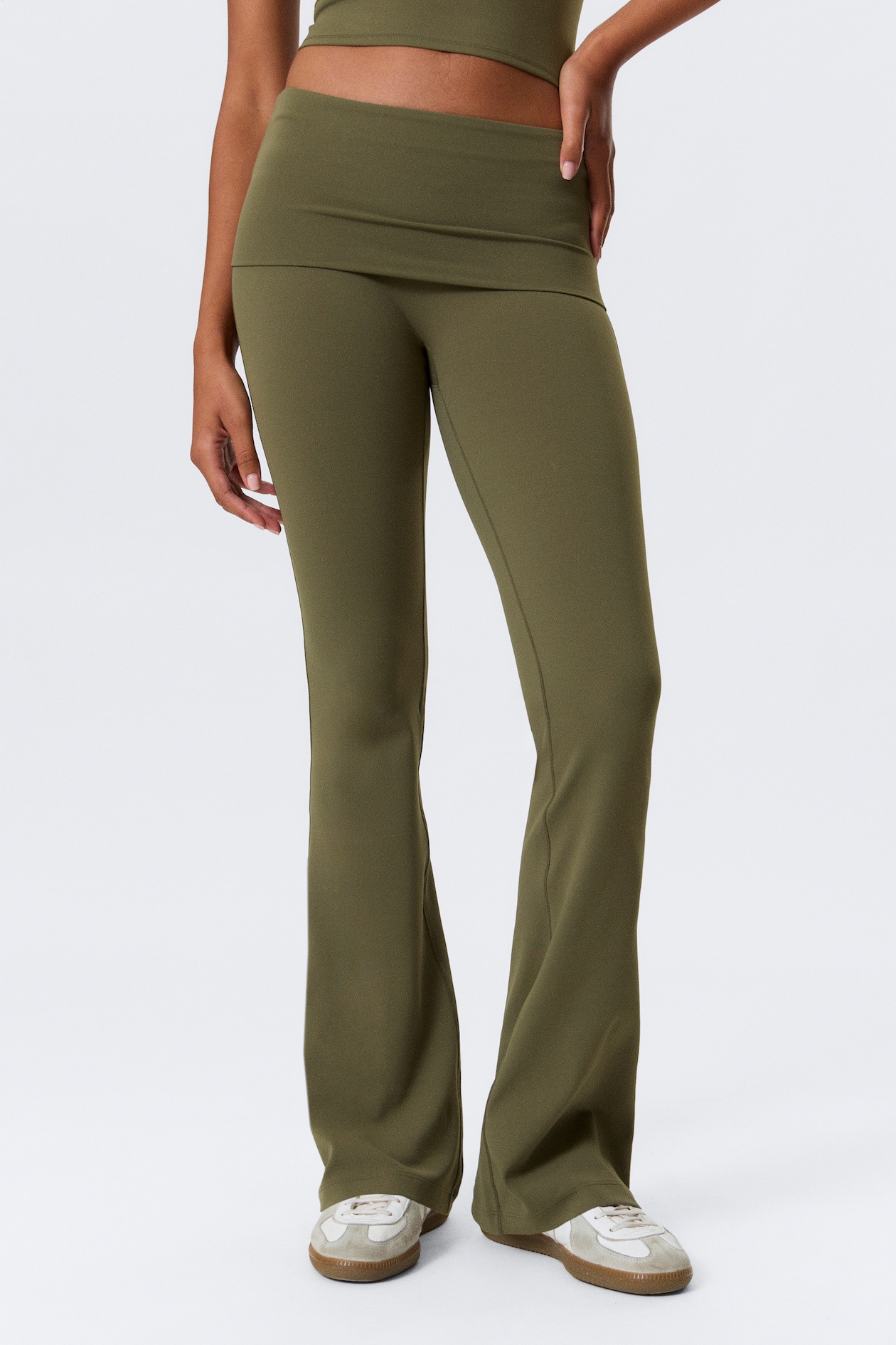 Folded Waist Flared Yoga Tights - Dark Khaki Green - Ladies | H&M GB