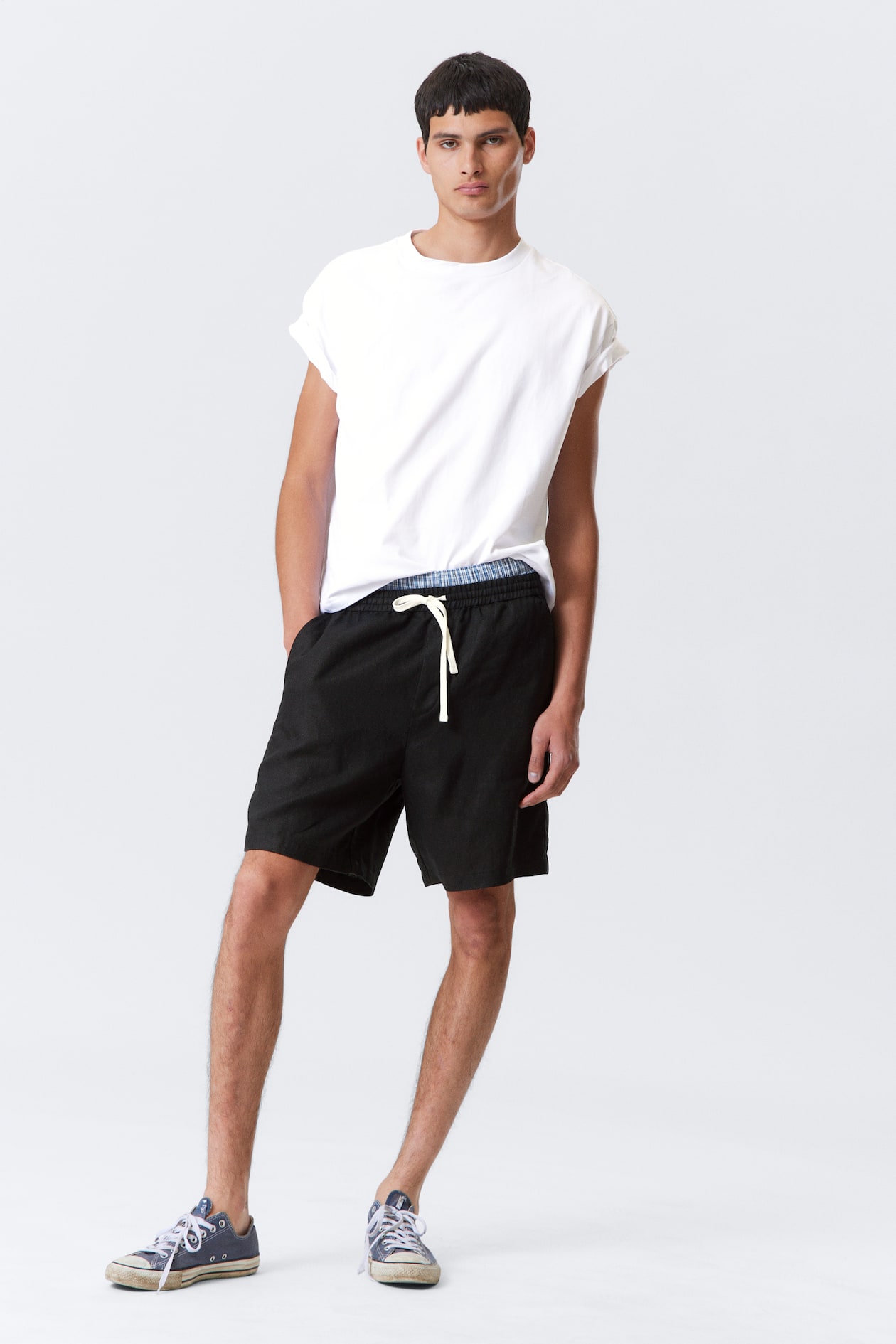 Calções de linho descontraídos com cordão - Preto - HOMEM | H&M PT