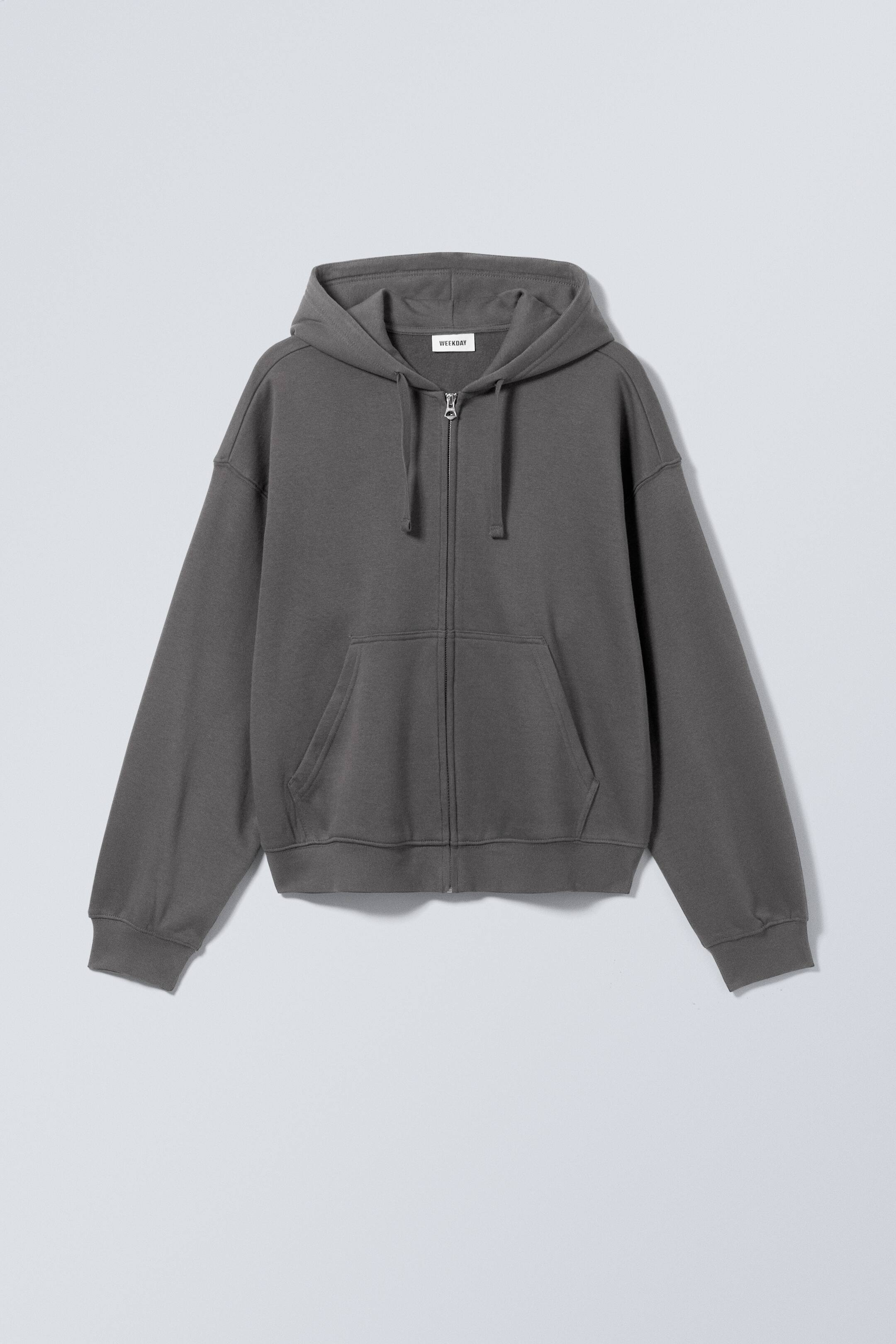 Halvkraftig boxy hættetrøje med lynlås - Langærmet - Kort - Off Black ...