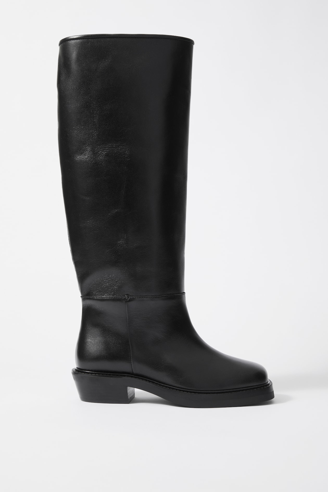 Square-Toe Leather Knee Boots - Lav hæl - Black - DAME | H&M NO