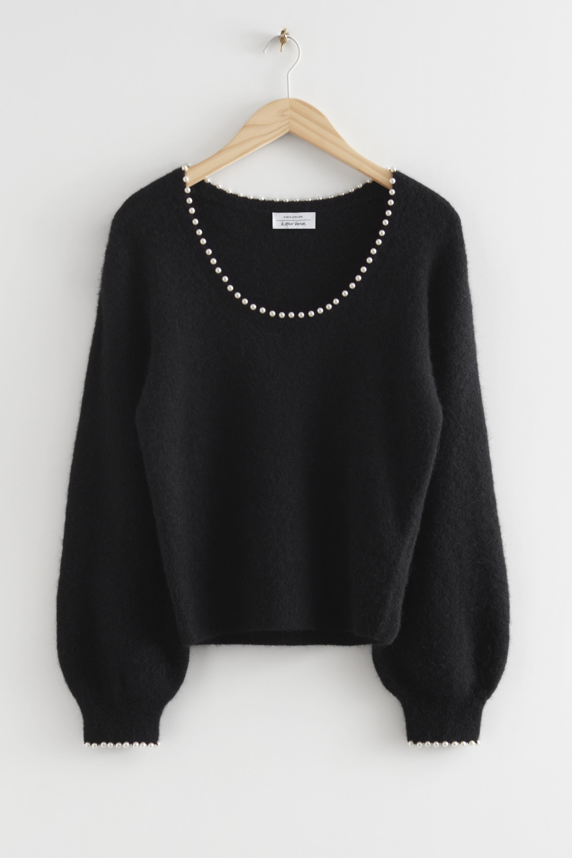 Pearl Embellished Wool Knit Jumper - Deep neckline - Long sleeve ...