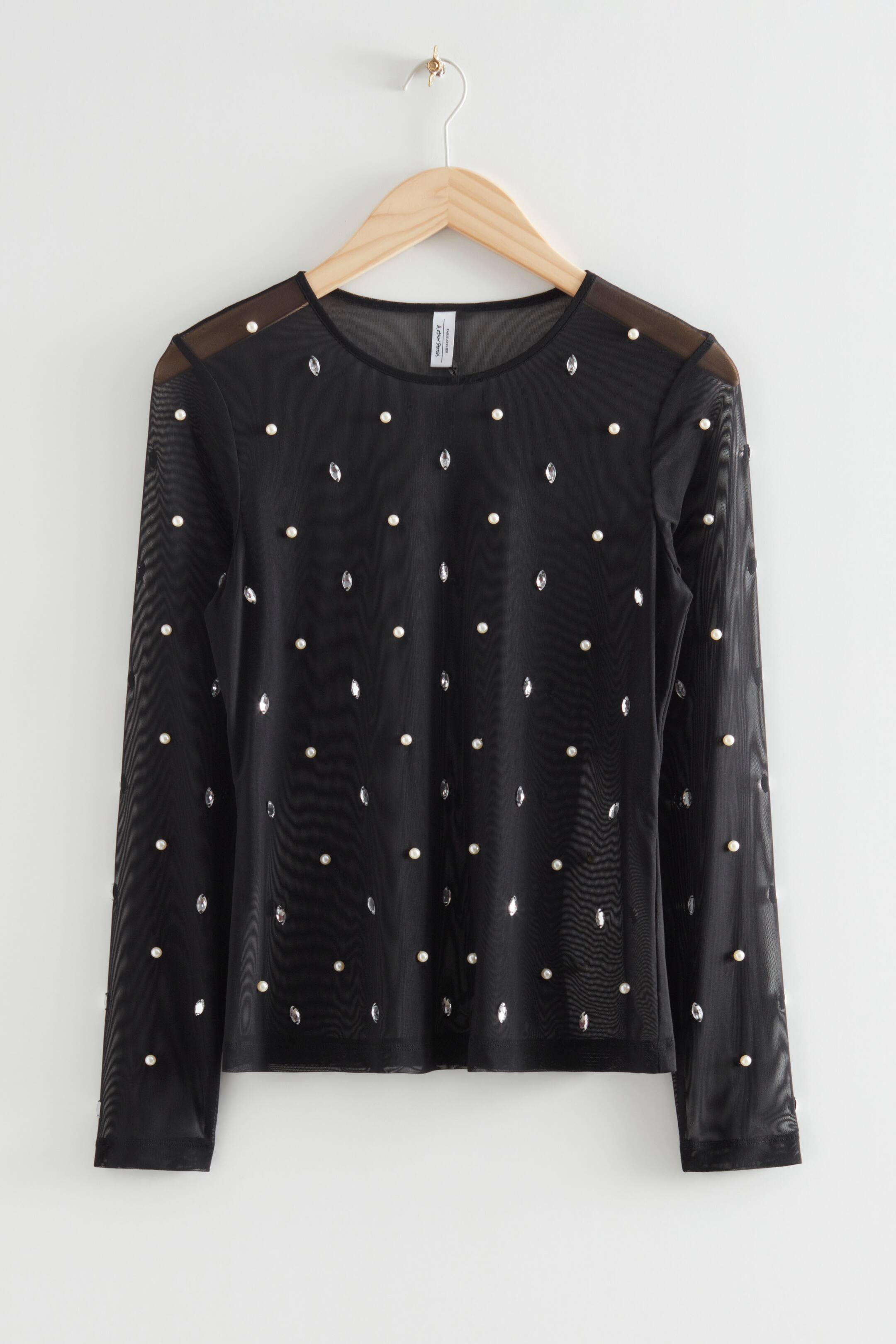 Pearl Embellished Mesh Top - Black Embellished - Ladies | H&M GB