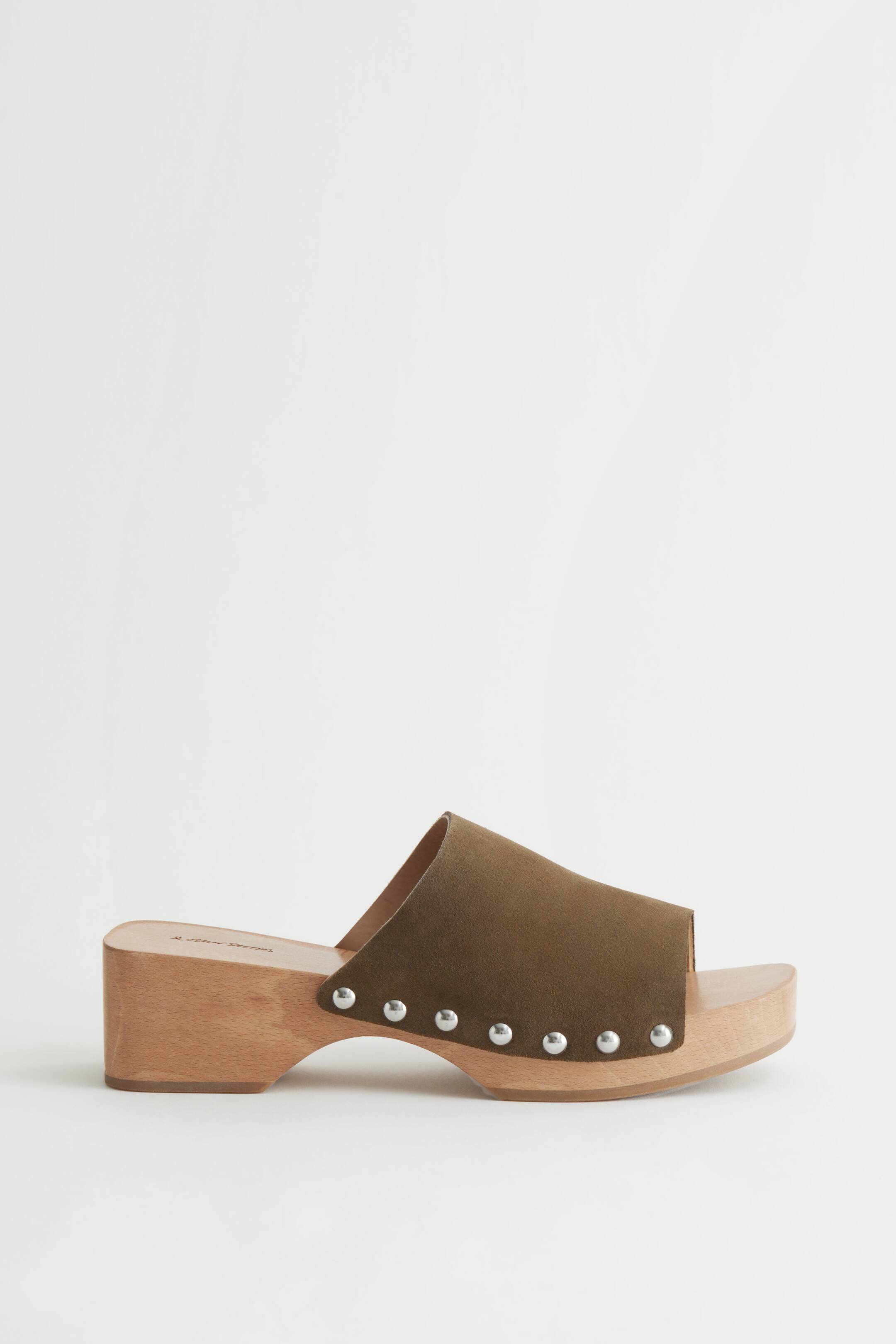 Studded Suede Wooden Clogs - Khaki - Ladies | H&M GB