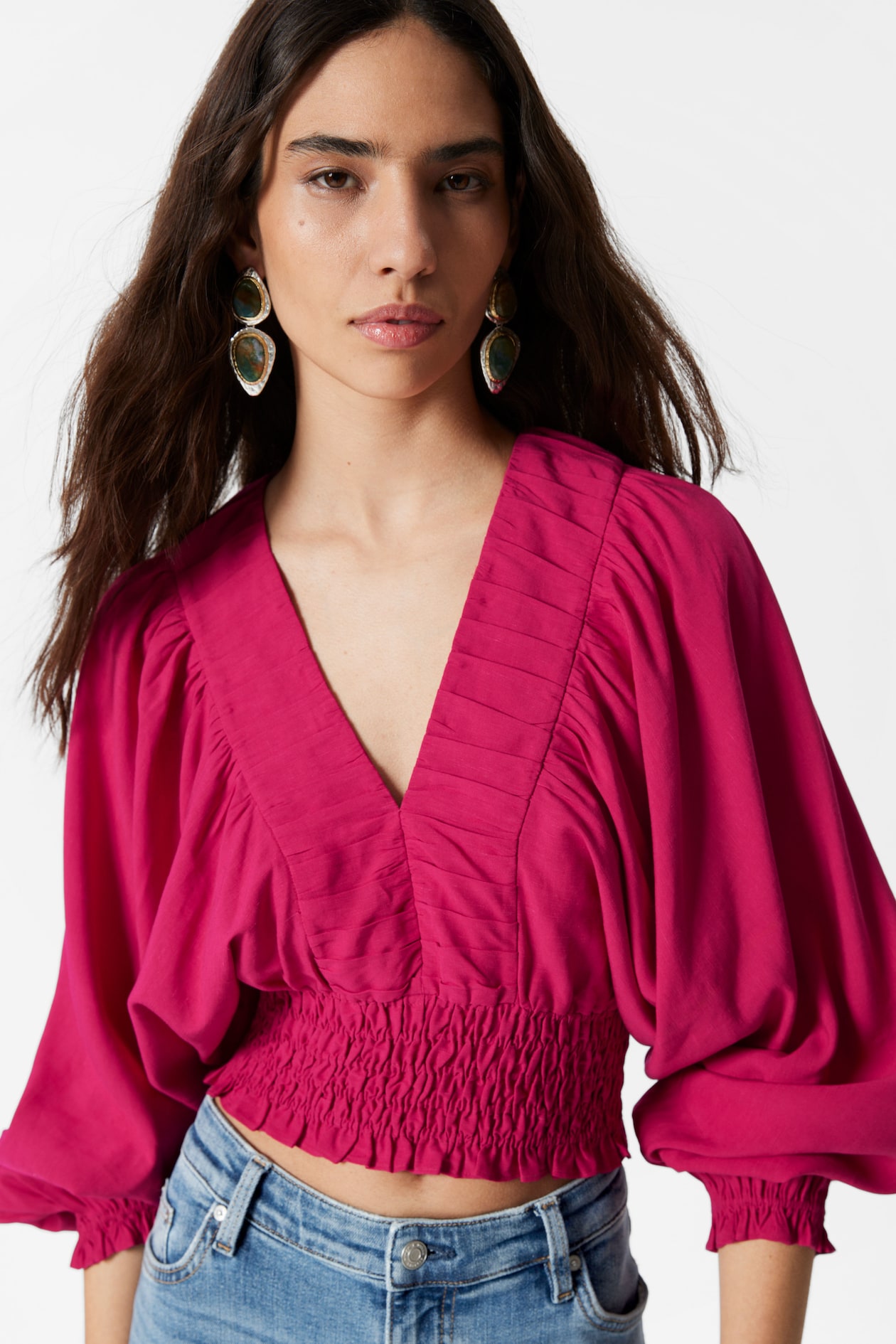 Blusa mangas abullonadas y fruncido nido de abeja - Rosa oscuro - MUJER ...