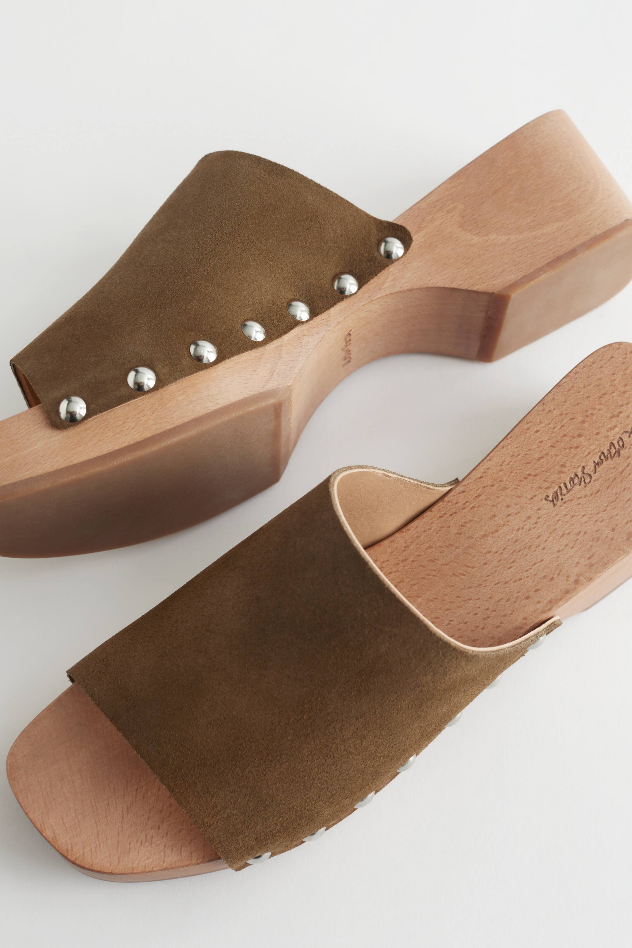 Studded Suede Wooden Clogs - Khaki - Ladies | H&M GB