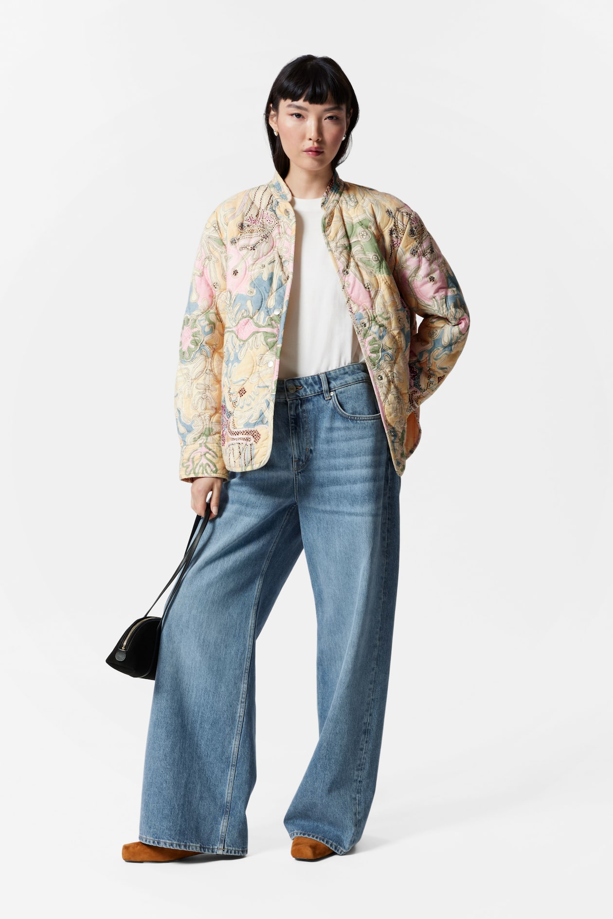 - Quilted Stand-Collar Jacket - Beige paisley pattern - Ladies | H&M GB