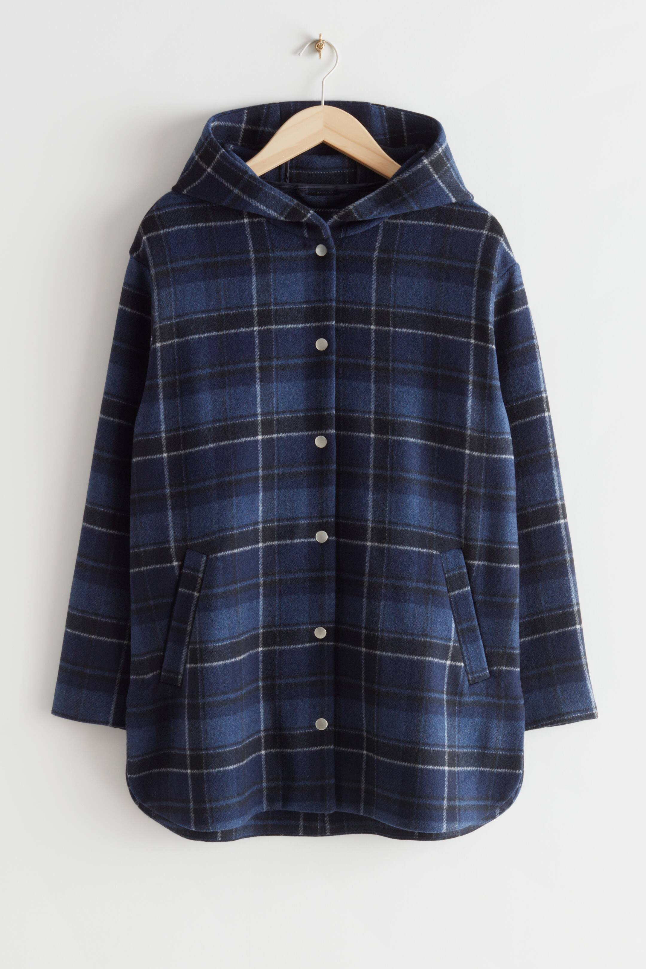 Oversized Hooded Wool Coat - Blue Checks - Ladies | H&M GB