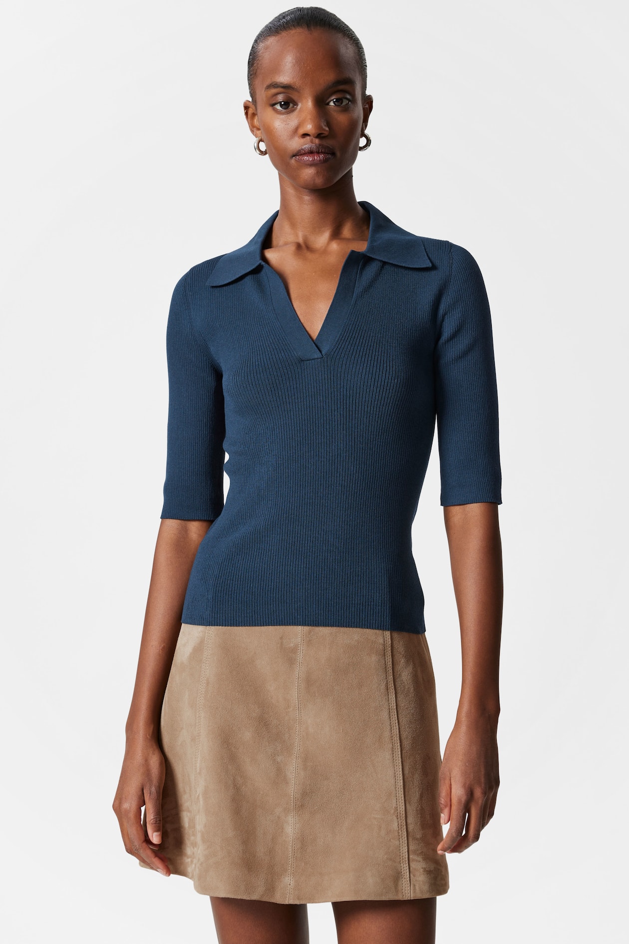 Collared Short-Sleeve Top - Dark Blue - Ladies | H&M GB