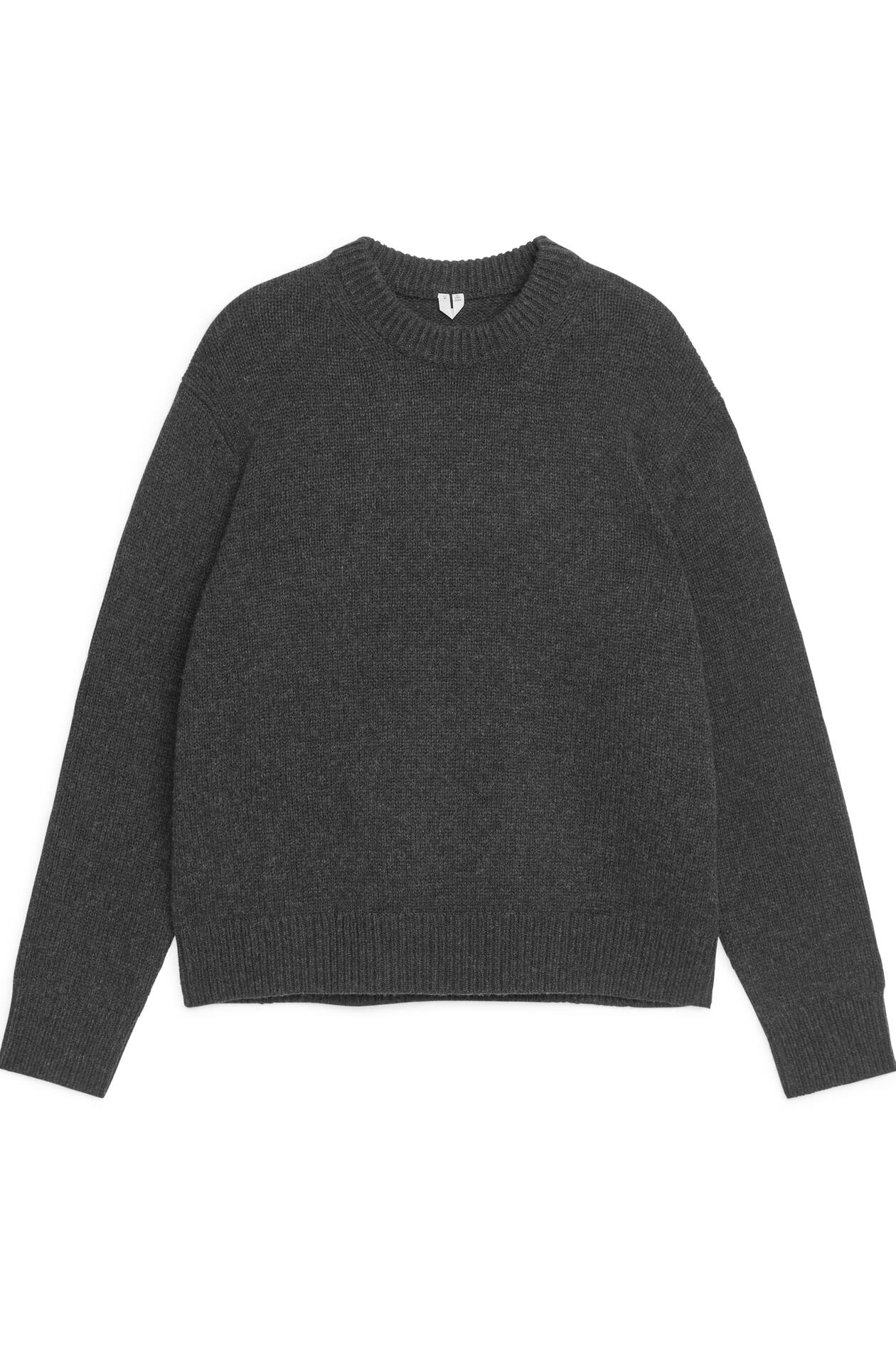 Heavy Knit Wool Blend Jumper - Round neck - Long sleeve - Black Melange ...