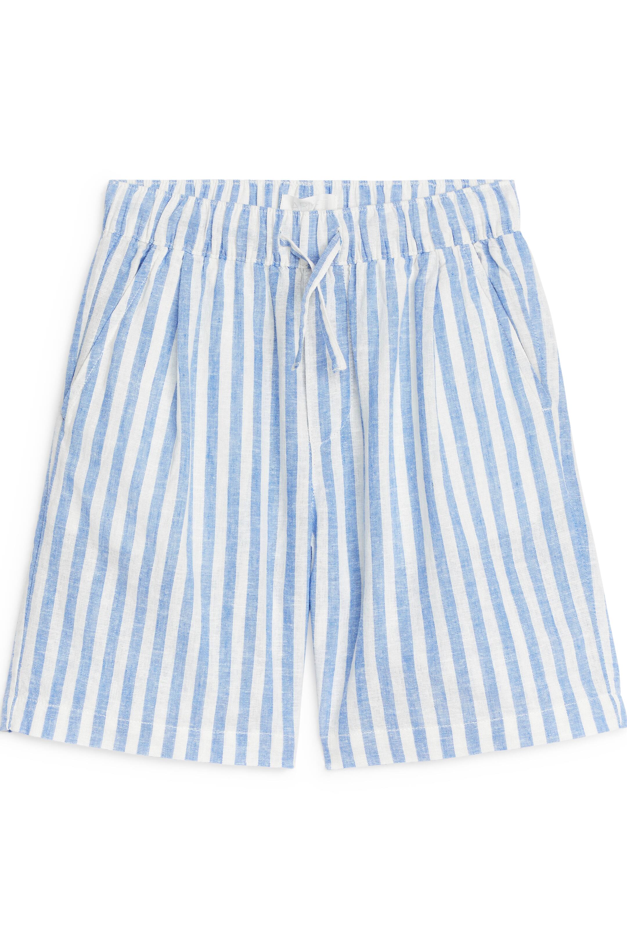 Cotton-Linen Shorts - Normalhøy midje - Kort - Blå/hvit - BARN | H&M NO
