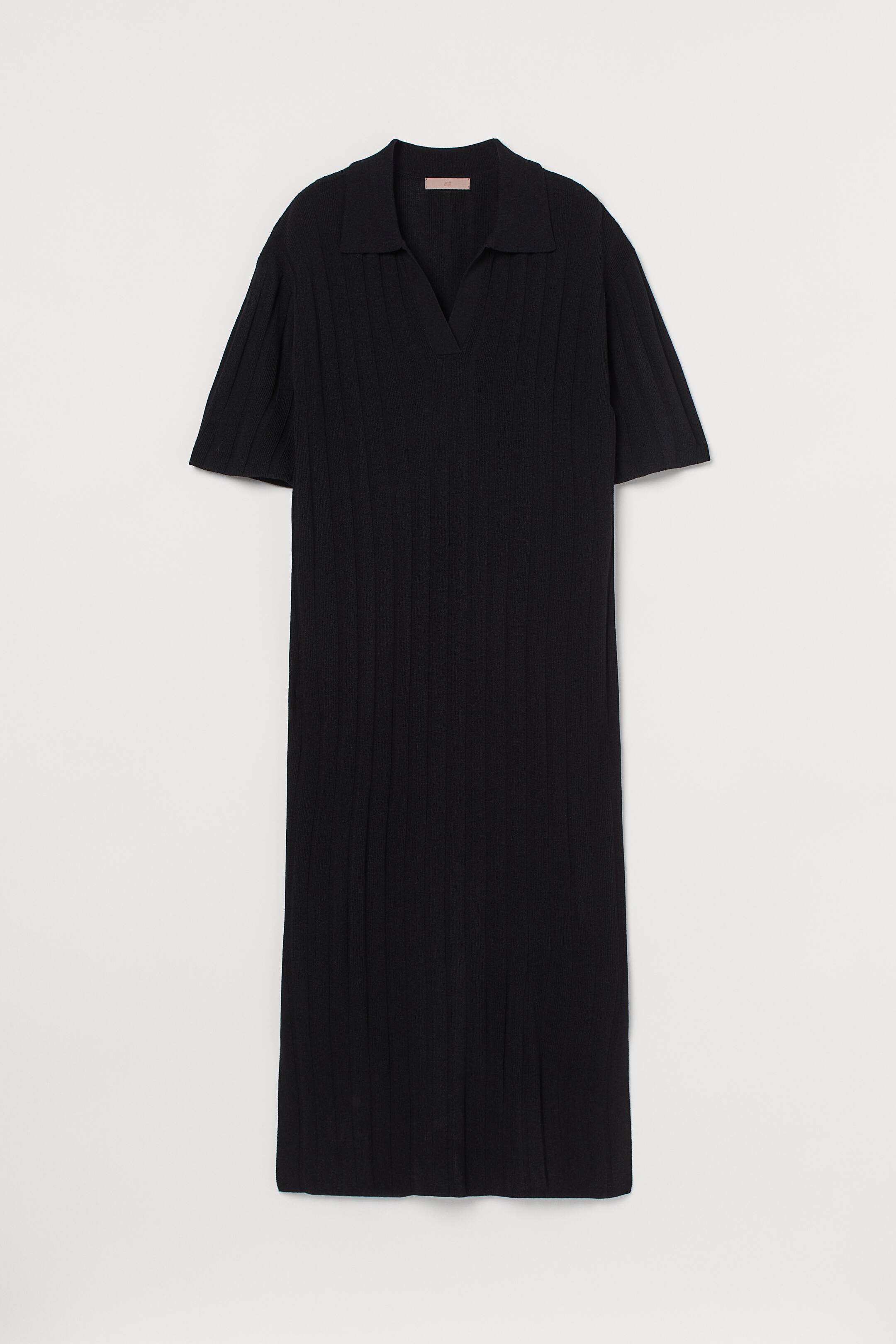 Ribbestrikket kjole - V-ringning - Kort erme - Sort - DAME | H&M NO