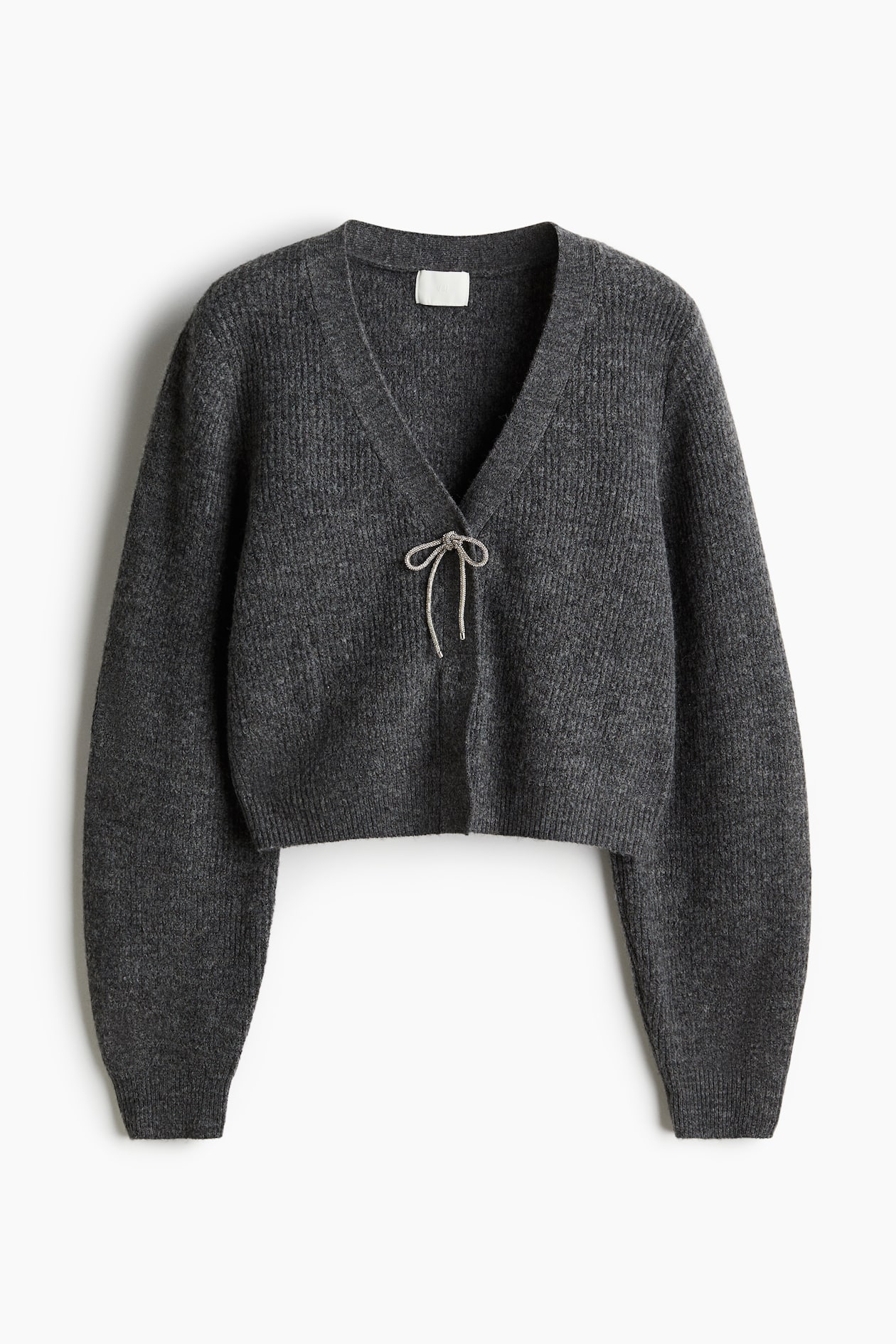 Bow-detail rib-knit cardigan - Dark grey marl - Ladies | H&M GB