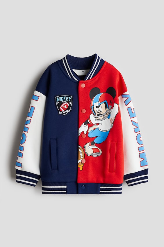 Dark blue/Mickey Mouse Oversized Printed Baseball Jacket for kids | H&M US