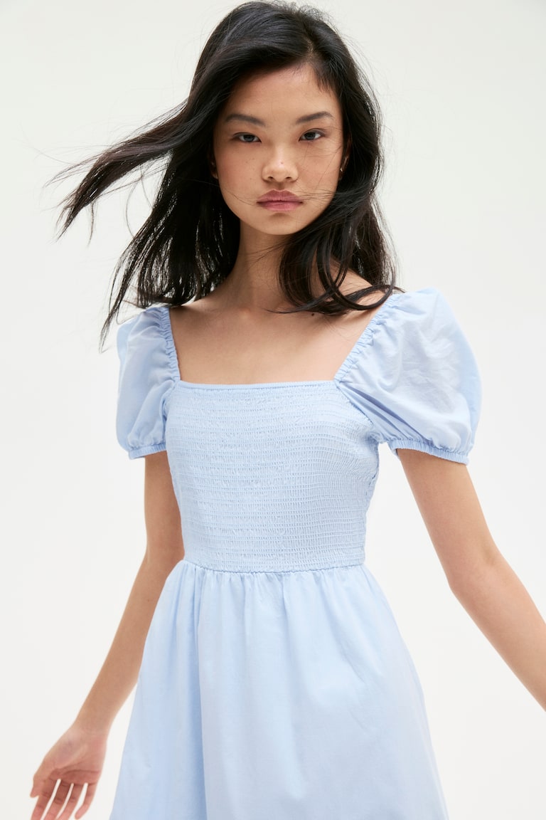 Puff-Sleeved Cotton Dress - Light blue - Ladies | H&M US