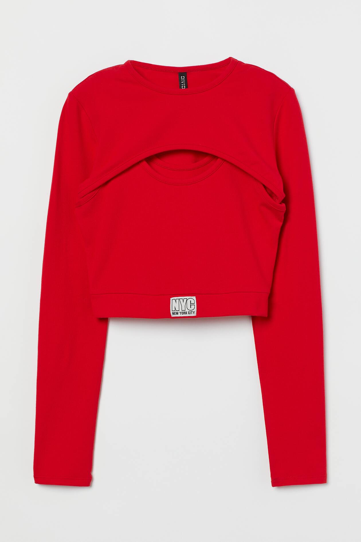 Two-part crop top - Round neck - Long sleeve - Red - Ladies | H&M GB