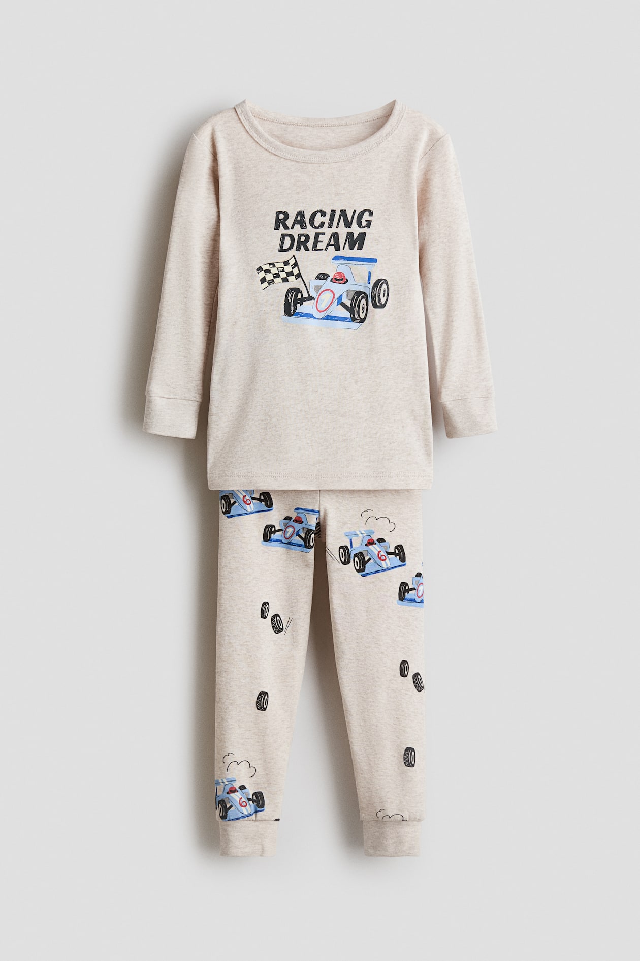 Beige melange/Racing Dream Snug Fit Cotton Jersey Pajamas for kids | H&M US