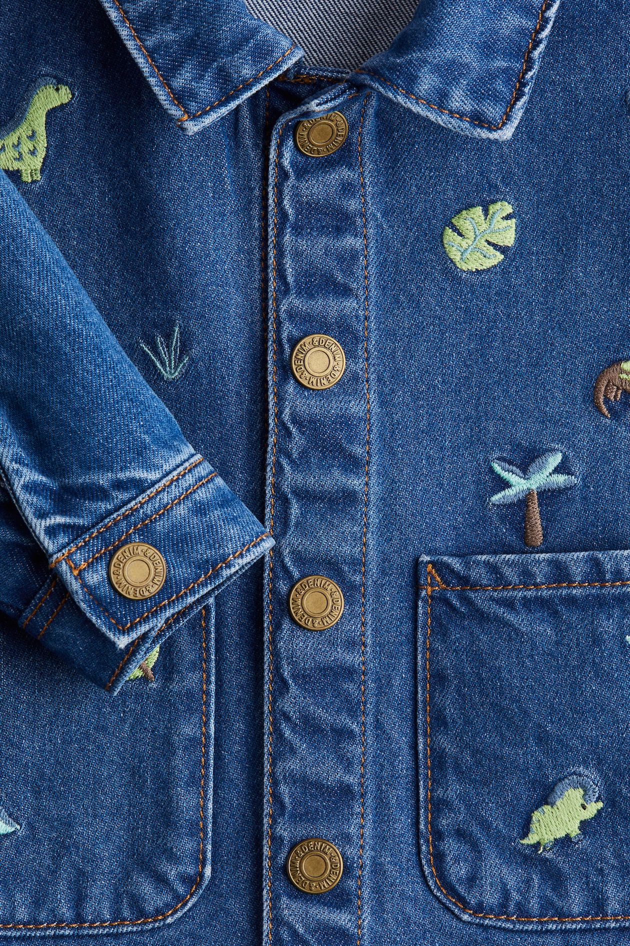 Denim blue/Dinosaurs Embroidery-detail denim shacket for kids | H&M IE