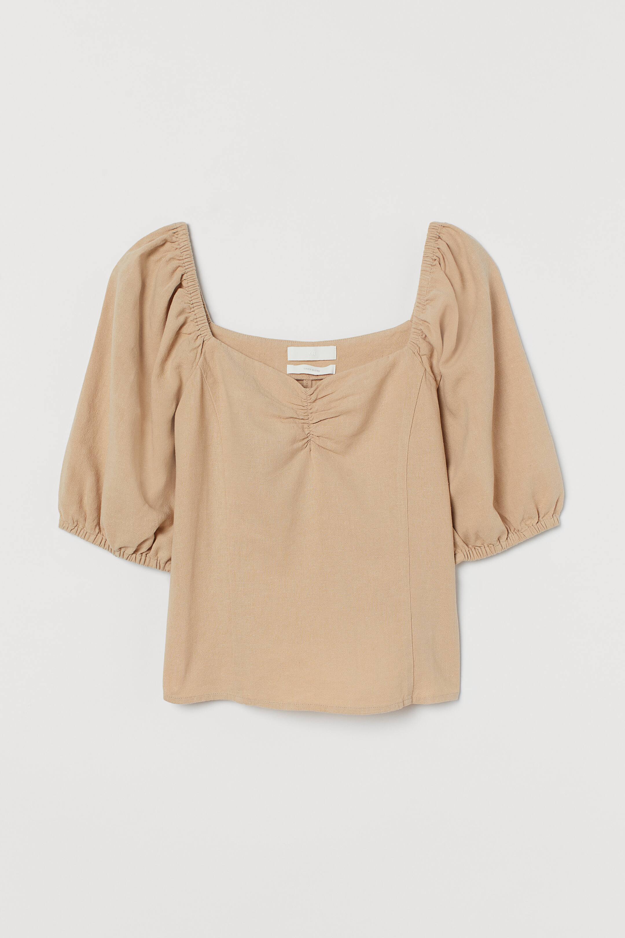 Haut en lin mélangé - Encolure en cœur - Manches courtes - Beige ...