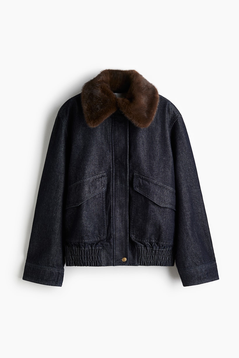 Chamarra de denim con cuello en pelo sintético - Azul denim oscuro ...