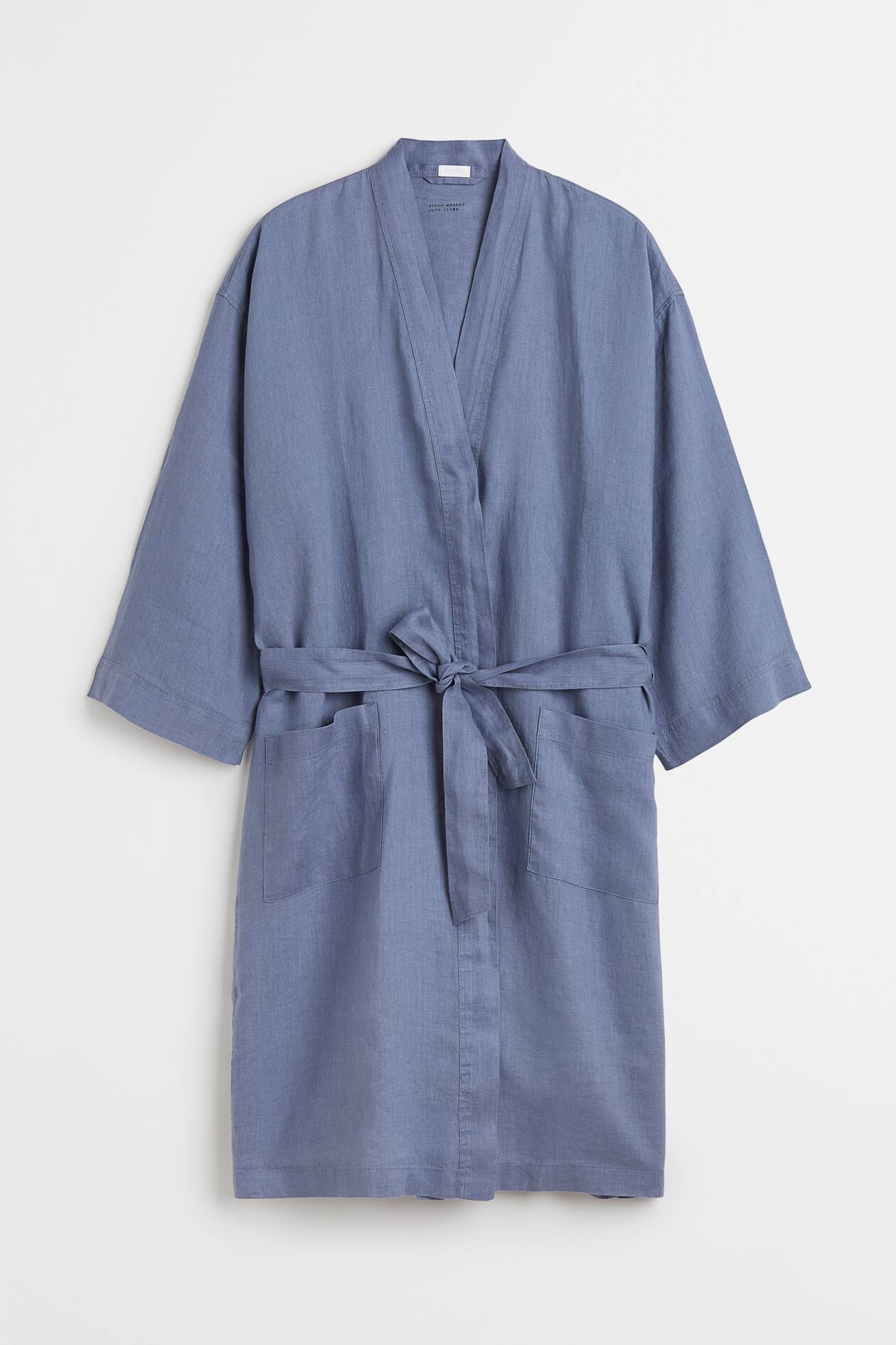 Washed linen dressing gown - Blue - Home All | H&M GB