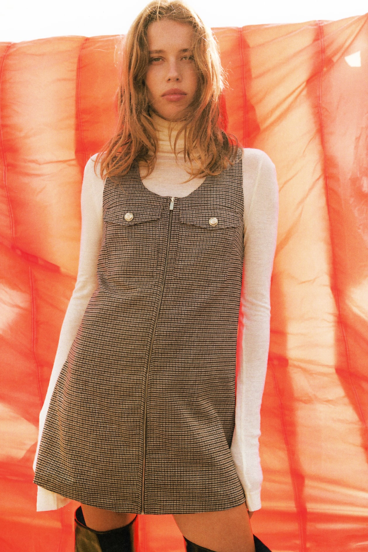 Zip-front shift dress - Dark brown/Checked - Ladies | H&M SG