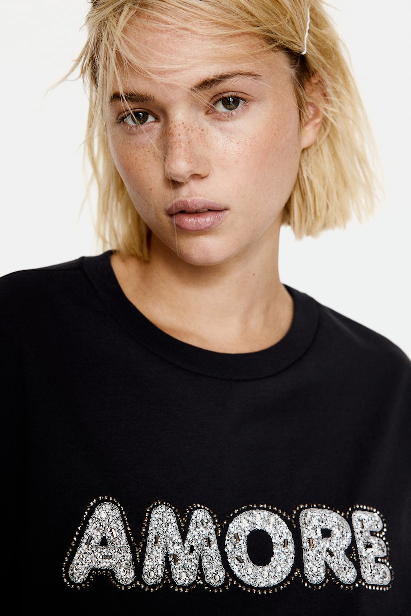 T-Shirt with Motif - Dark gray/Amore - Ladies | H&M US