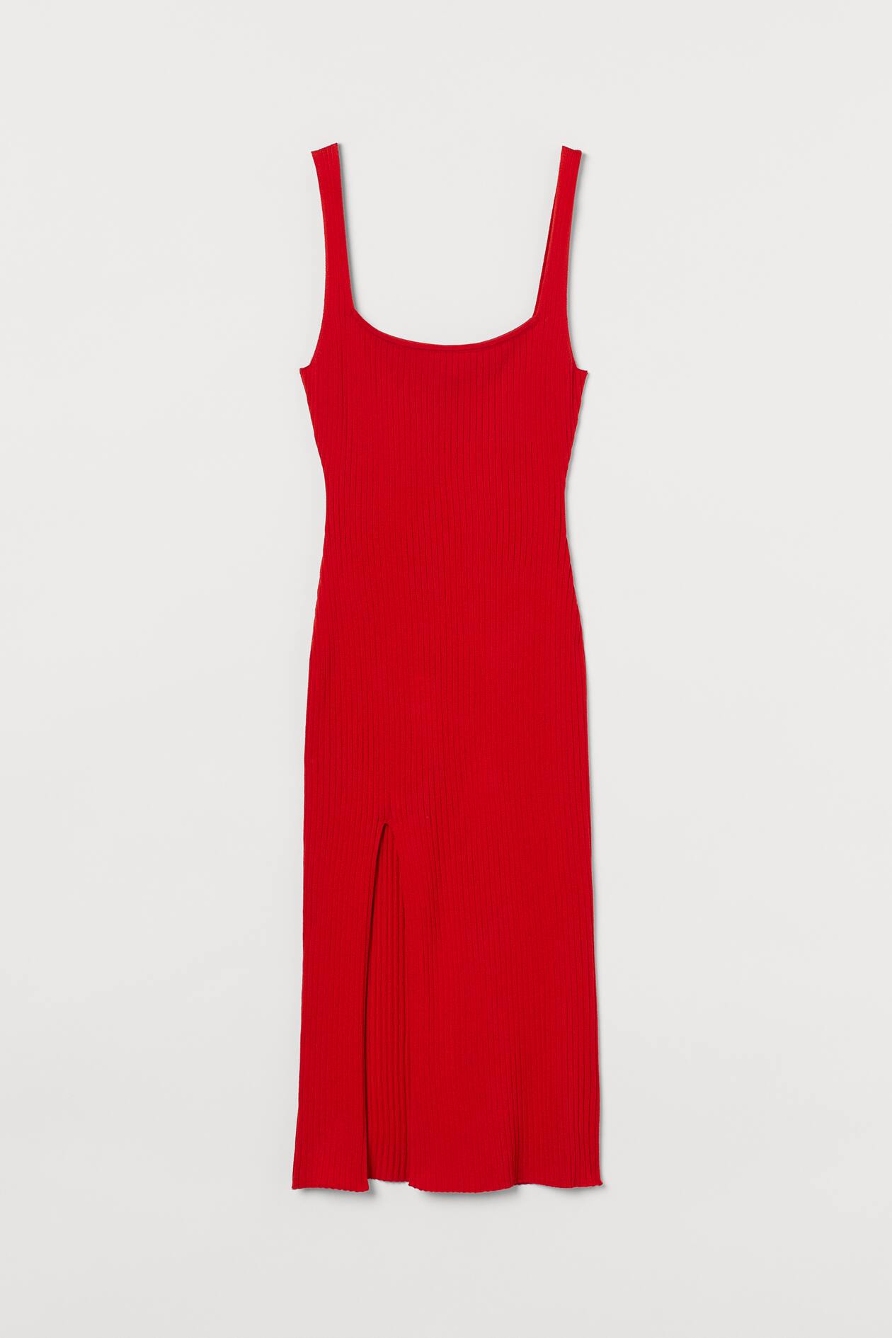 Ribbed dress - Deep neckline - Sleeveless - Red - Ladies | H&M GB