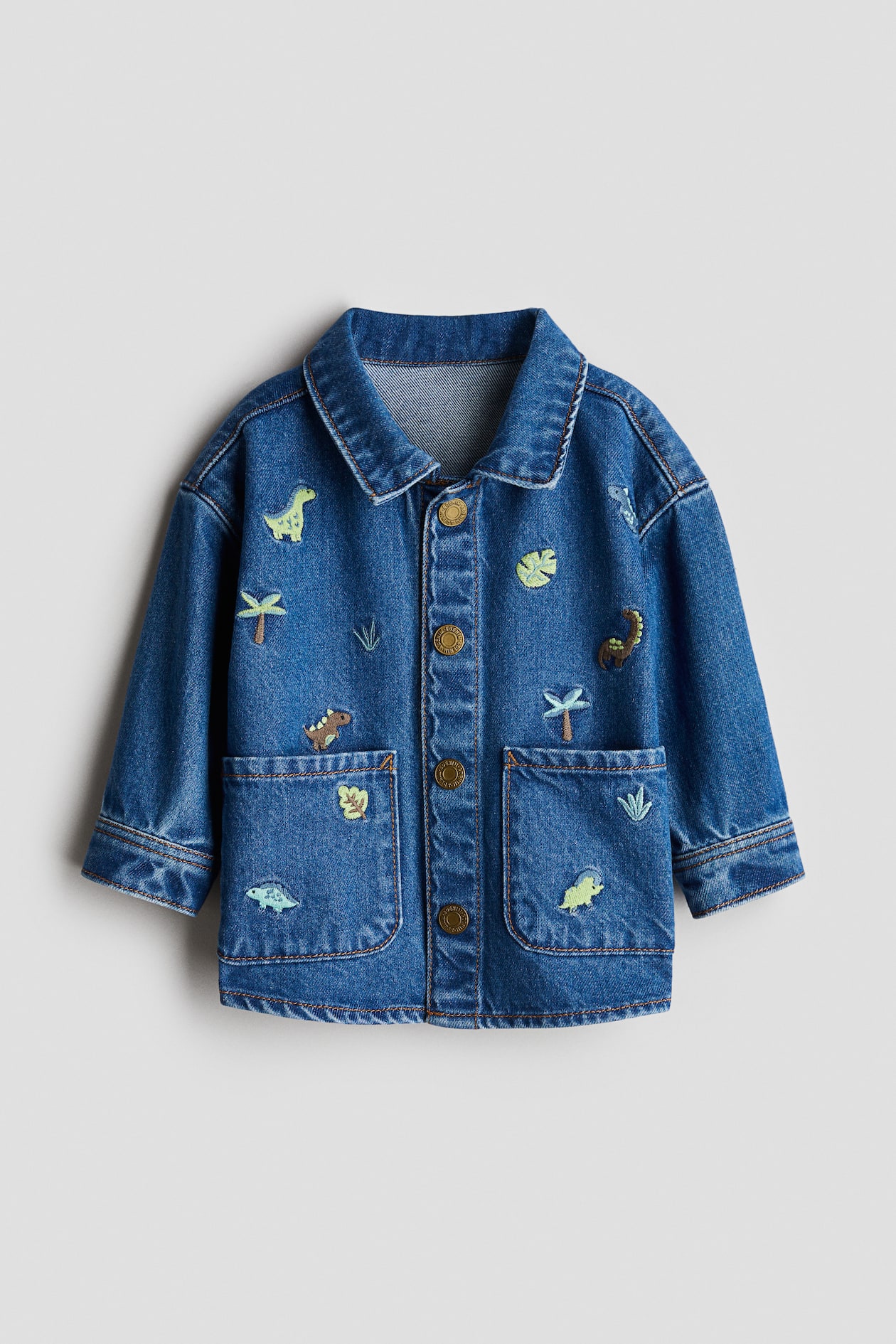 Denim blue/dinosaurs Embroidered-Detail Denim Shacket for kids | H&M US