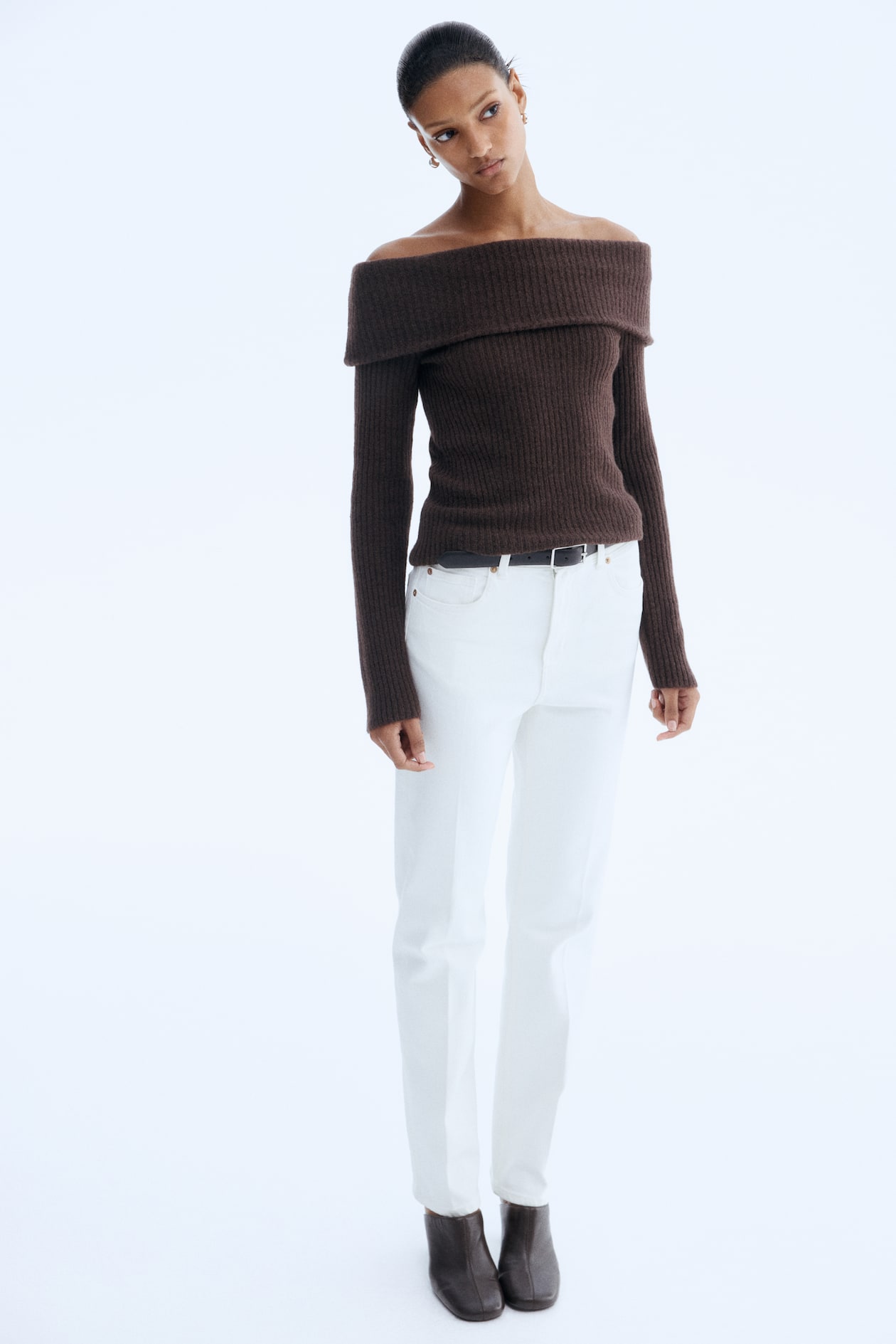 Women's Dark brown Rib-Knit Off-the-Shoulder Top | H&M CA
