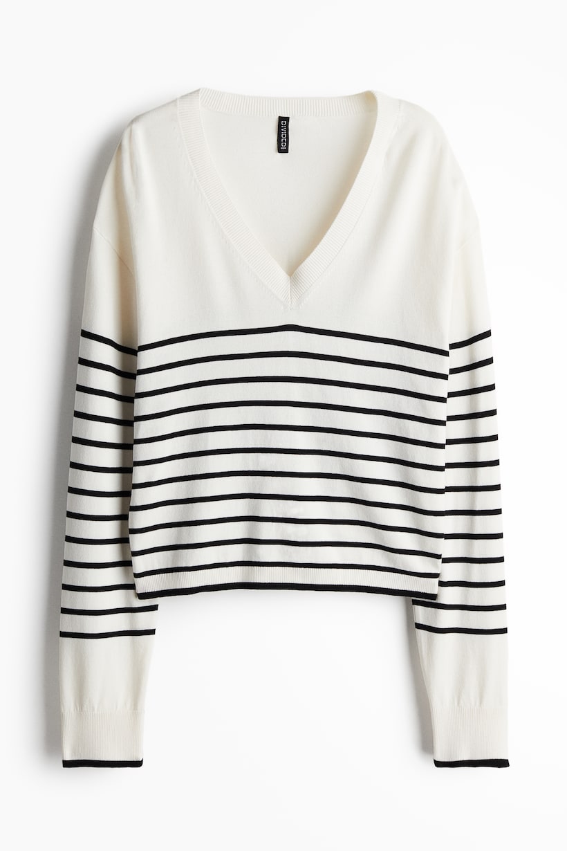 Women's White/black striped Fine-Knit V-Neck Sweater | H&M US