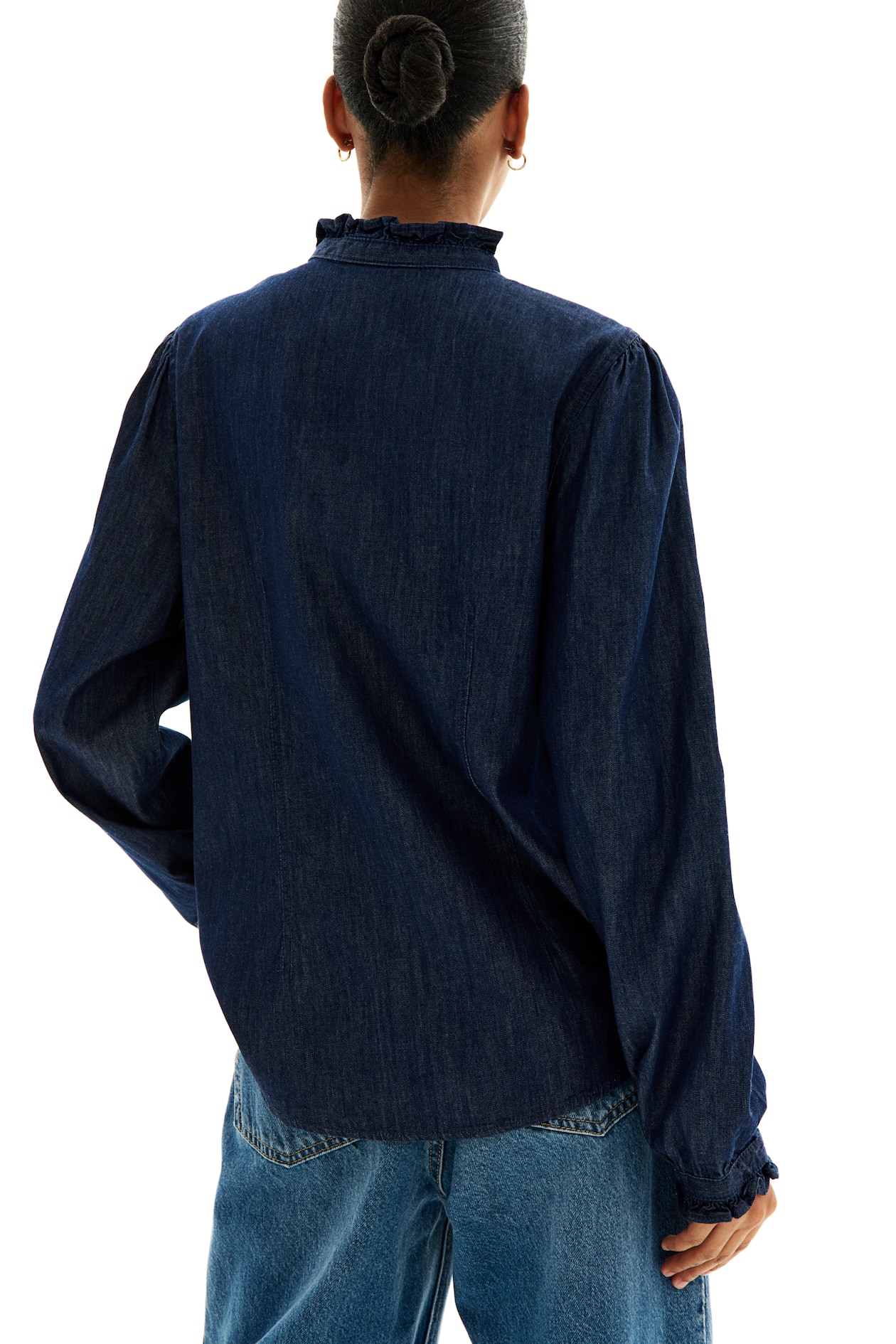 Ruffle-Trimmed Denim Blouse - Dark denim blue - Ladies | H&M US