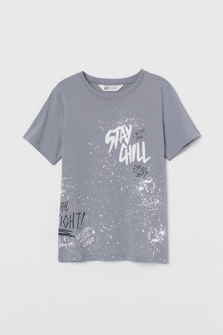 Printed Graphic T-shirt - Round Neck - Short sleeve - Gray/Stay Chill ...