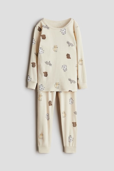 Light beige/dogs Snug-Fit Printed Cotton Pajamas for kids | H&M US