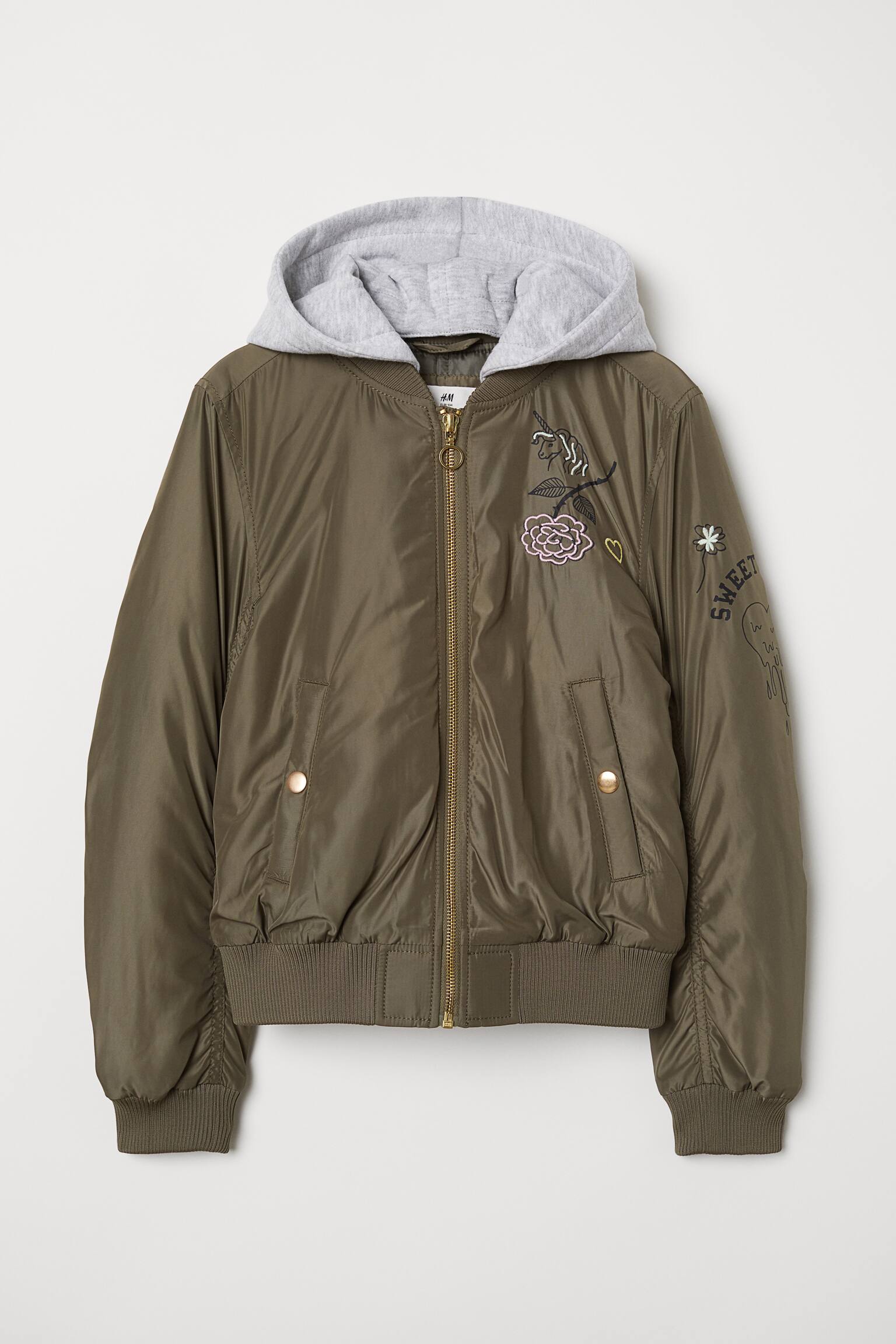 Hooded Bomber Jacket - Long sleeve - Dark khaki green - Kids | H&M US