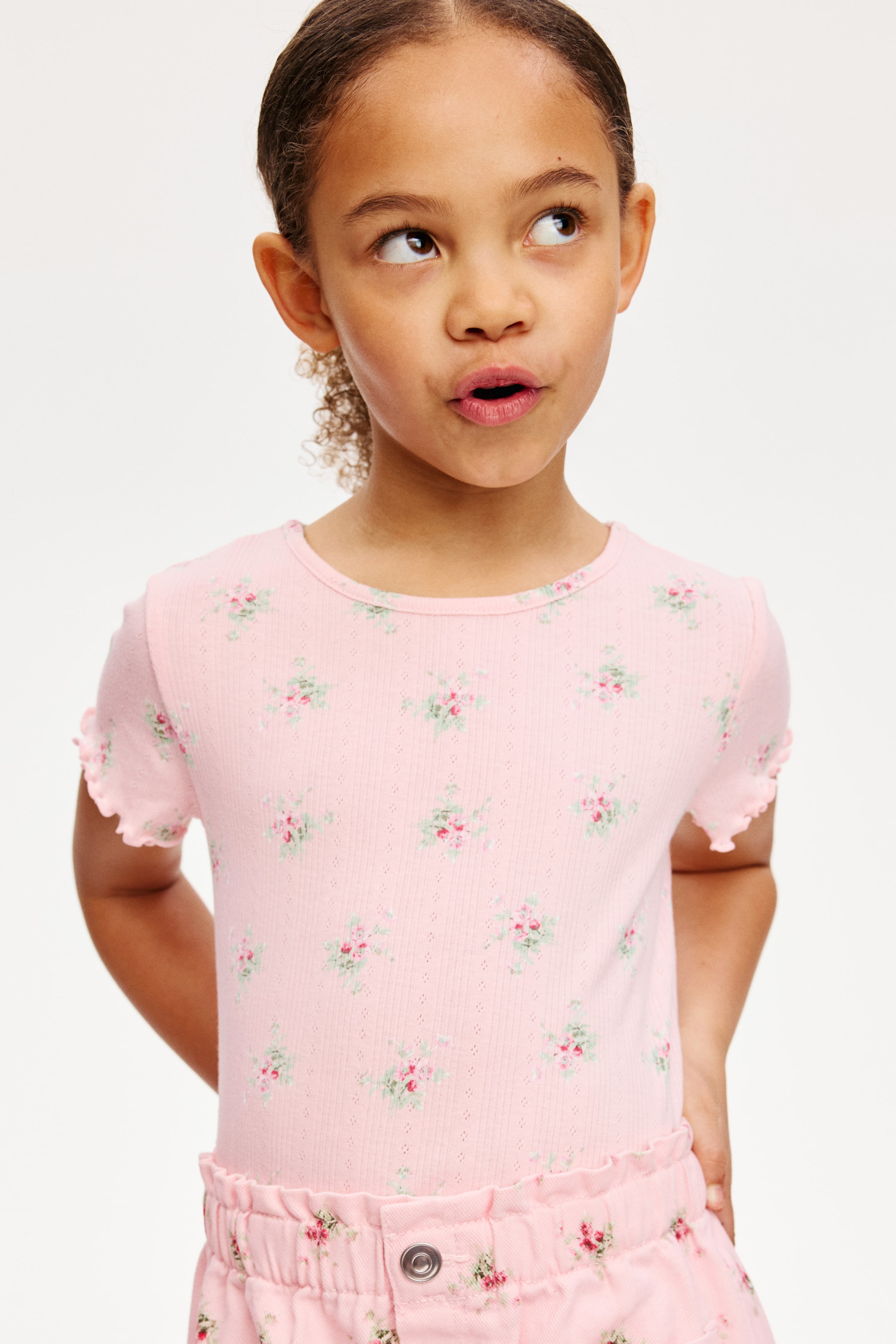 T-shirt van pointelletricot met een dessin - Lichtroze/bloemen ...