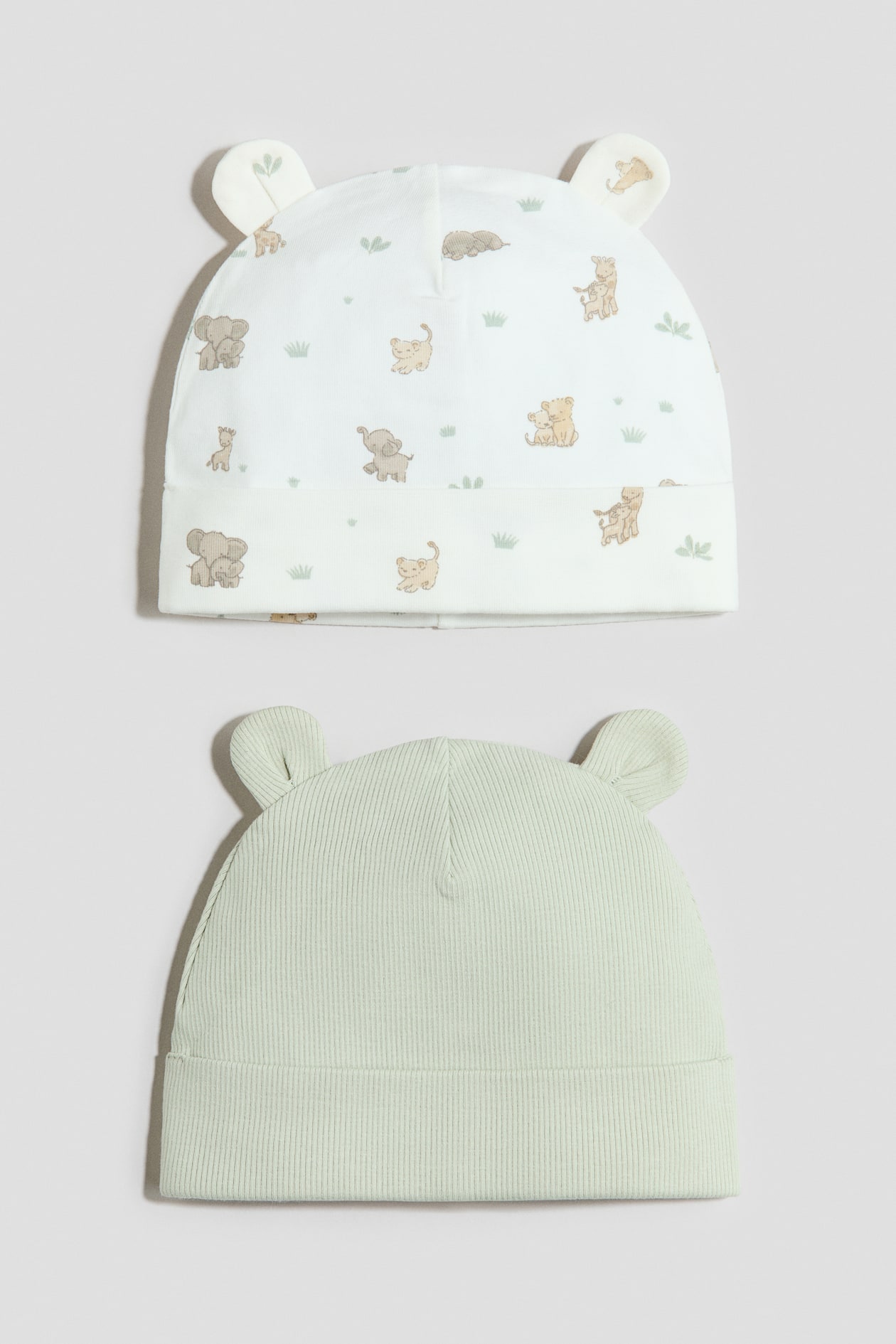 Bộ 2 mũ beanie gân nổi có tai - Màu xanh lá nhạt/Động vật - Kids | H&M VN