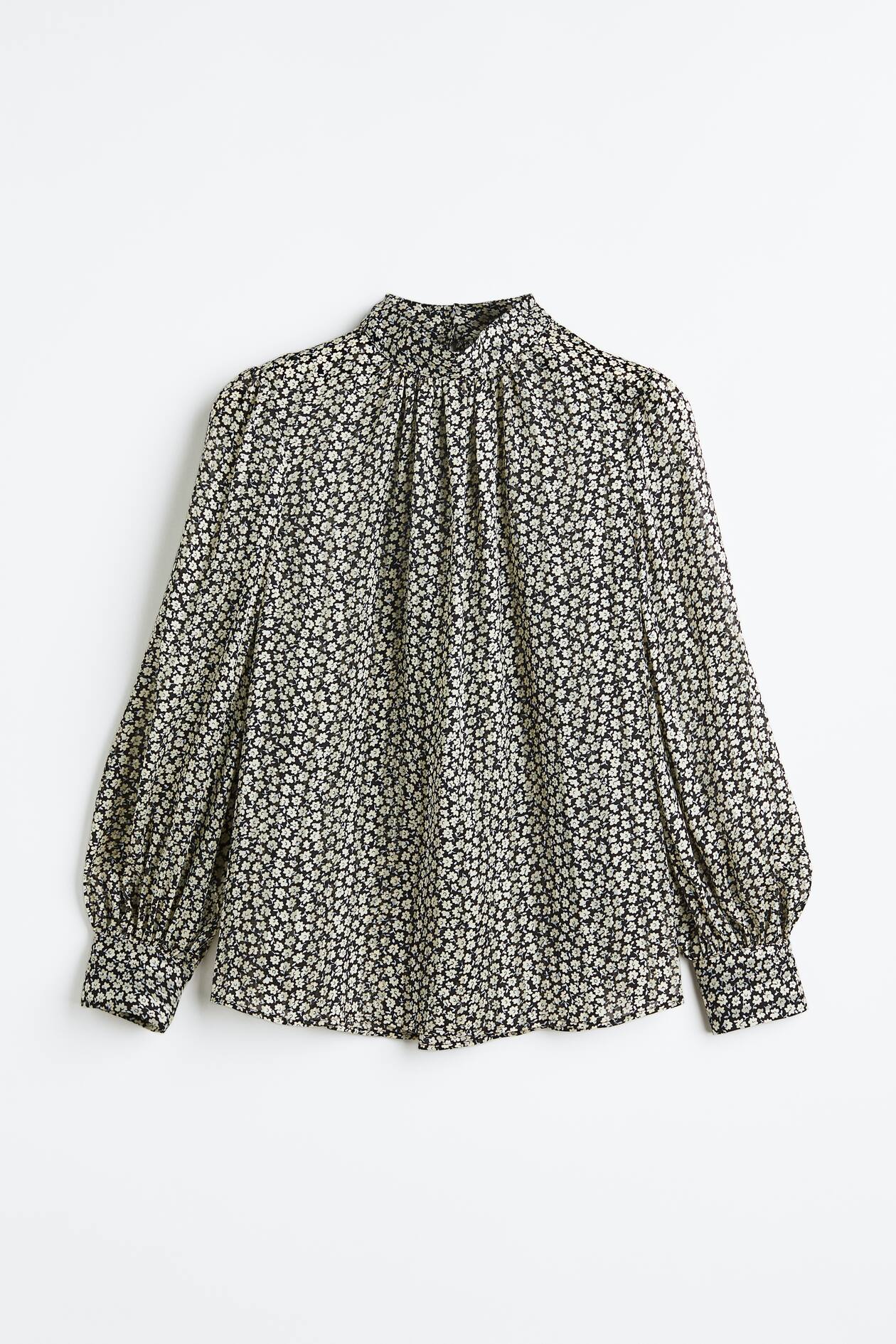 H&M+ Bluse i satin med opretstående krave - Sort/Småblomstret - DAME ...