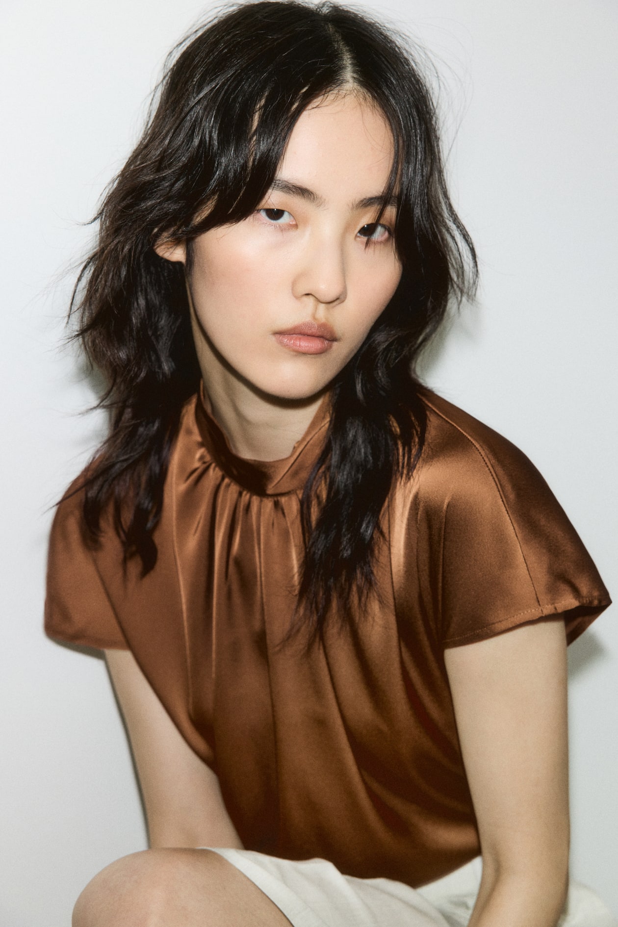 Women's Brown Stand-Up Collar Satin Blouse | H&M US
