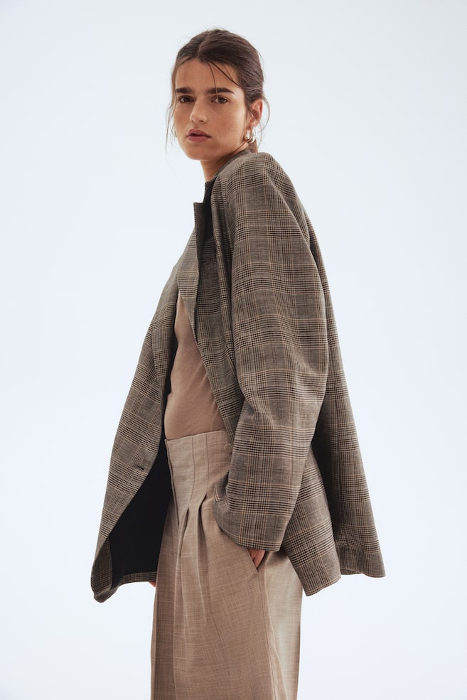 Blazer en mezcla de lino - Greige/Cuadros - Ladies | H&M MX