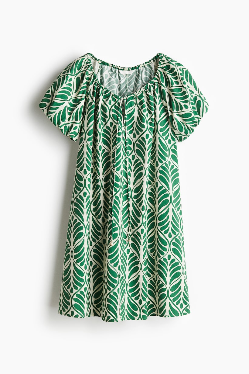 Drawstring-Neck Dress - White/green patterned - Ladies | H&M US