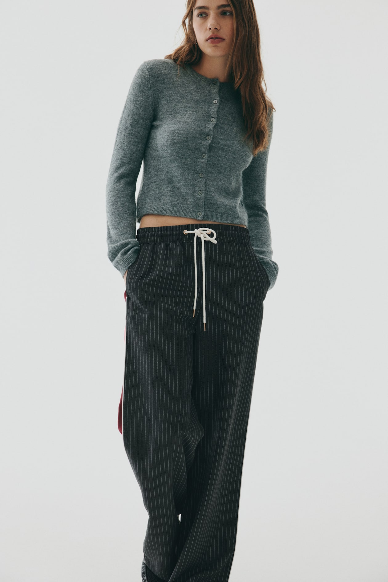 Wide drawstring trousers - Grey/Pinstriped - Ladies | H&M SG