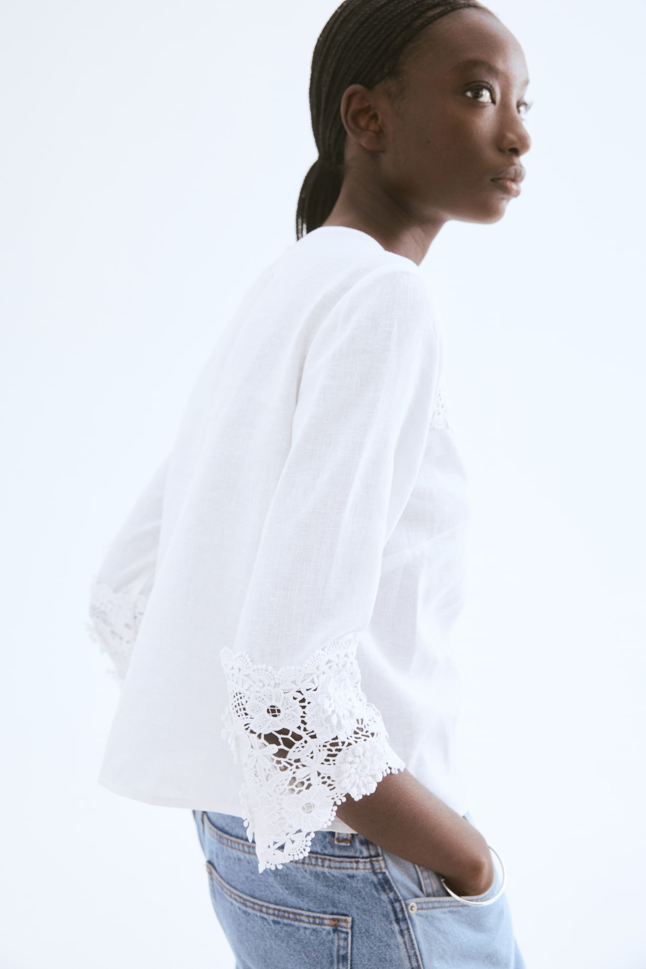 Linen-Blend Blouse with Embroidery - White - Ladies | H&M US