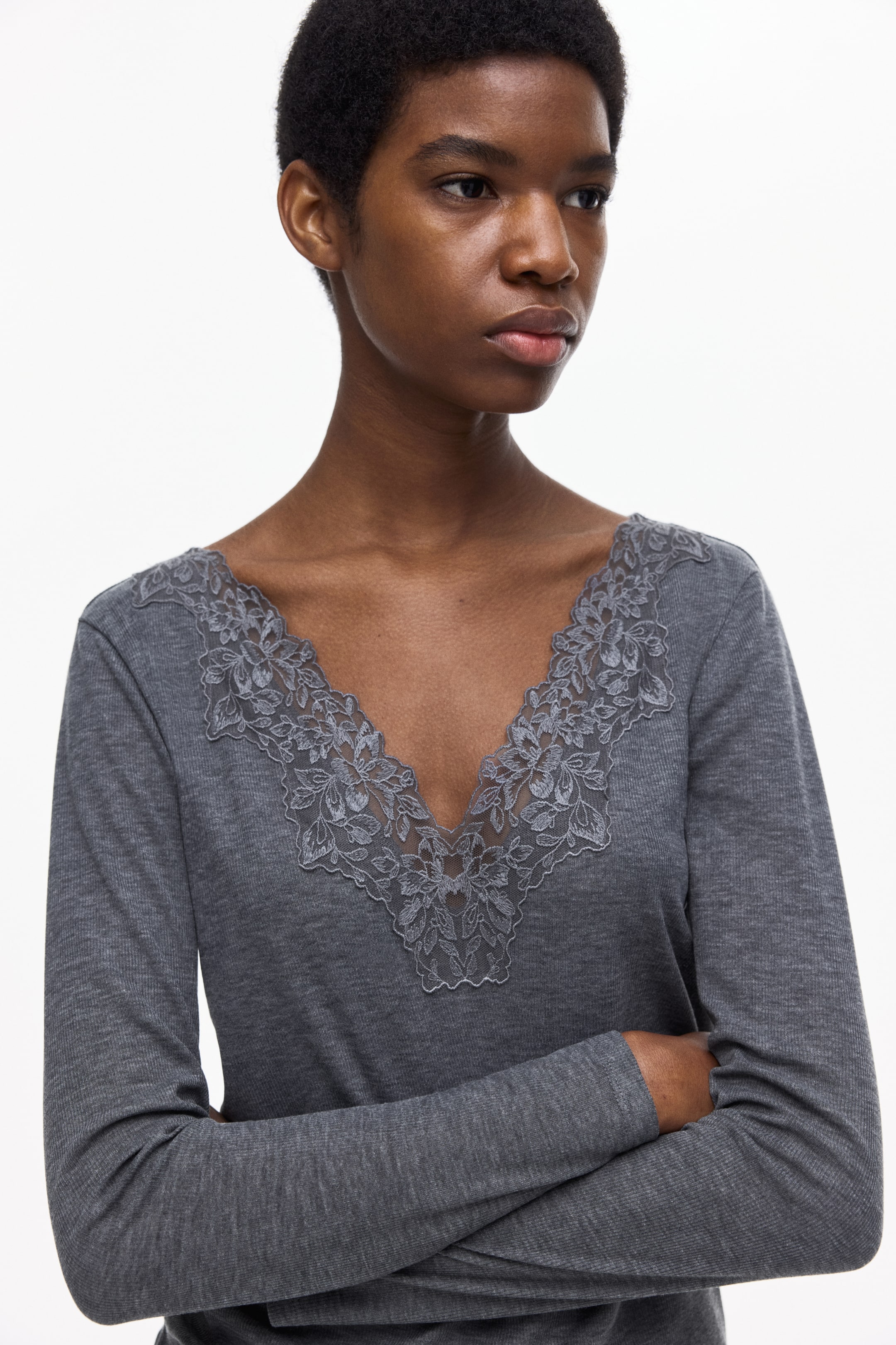 Women's Dark gray melange Lace-Trimmed Top | H&M CA