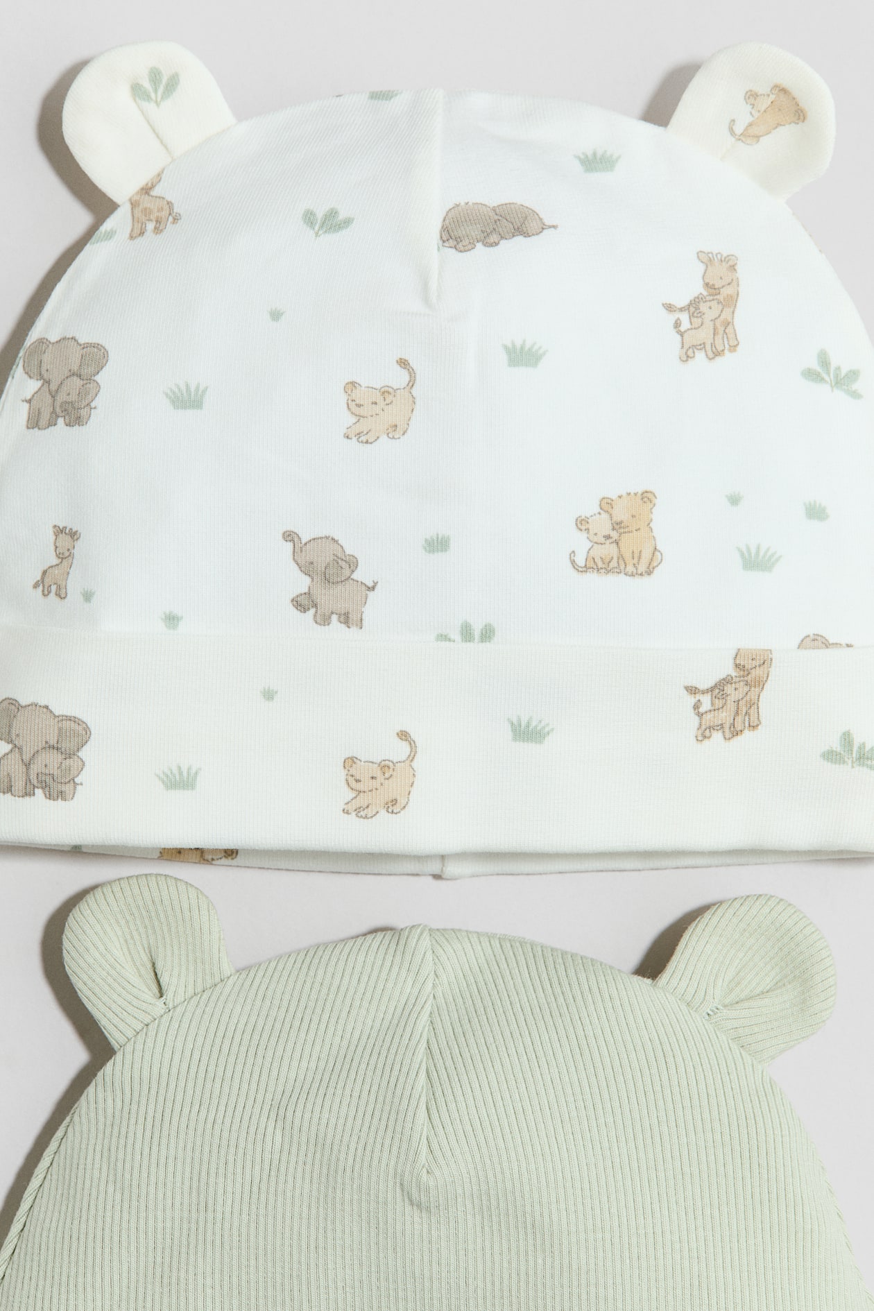 Bộ 2 mũ beanie gân nổi có tai - Màu xanh lá nhạt/Động vật - Kids | H&M VN