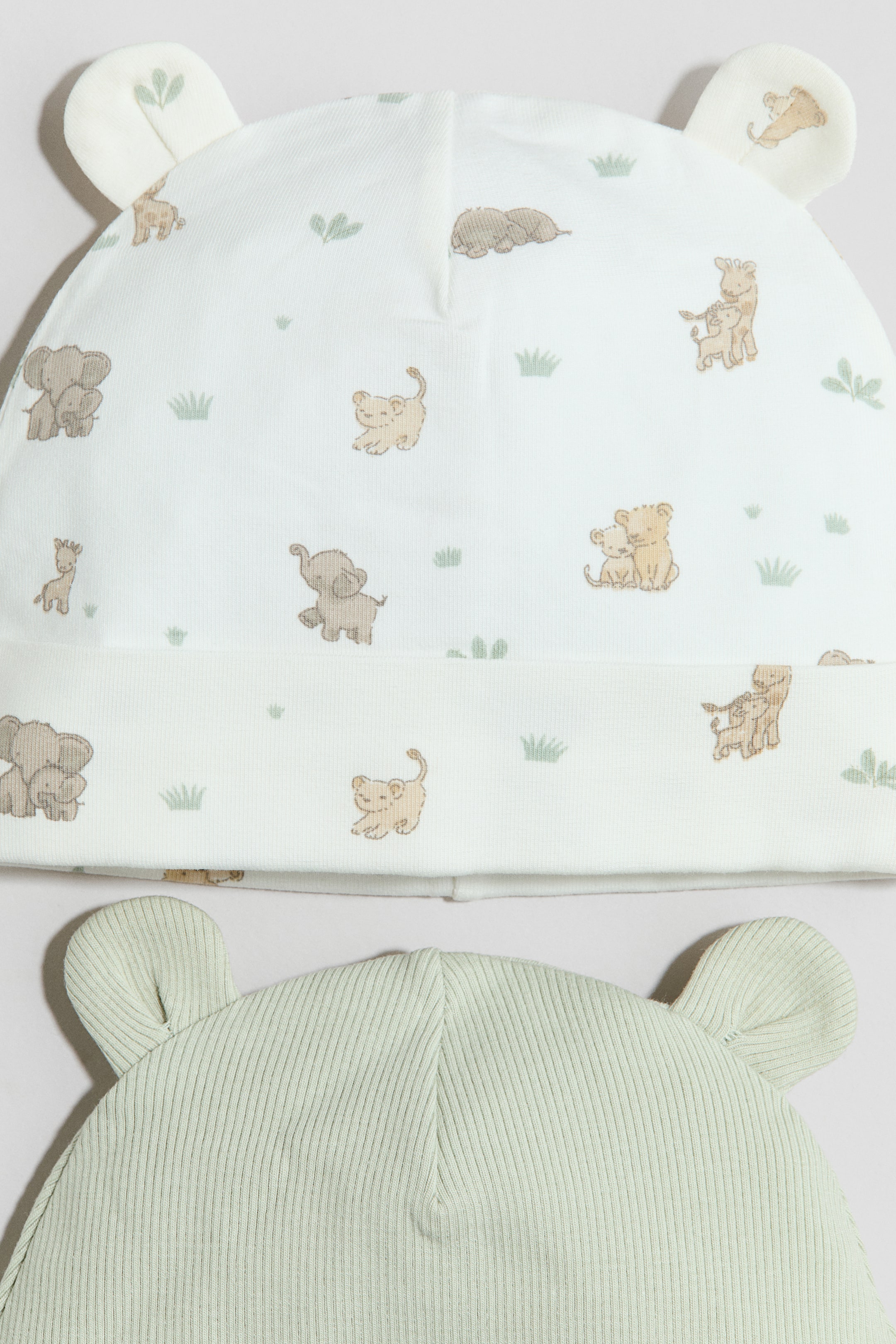 Bộ 2 mũ beanie gân nổi có tai - Màu xanh lá nhạt/Động vật - Kids | H&M VN